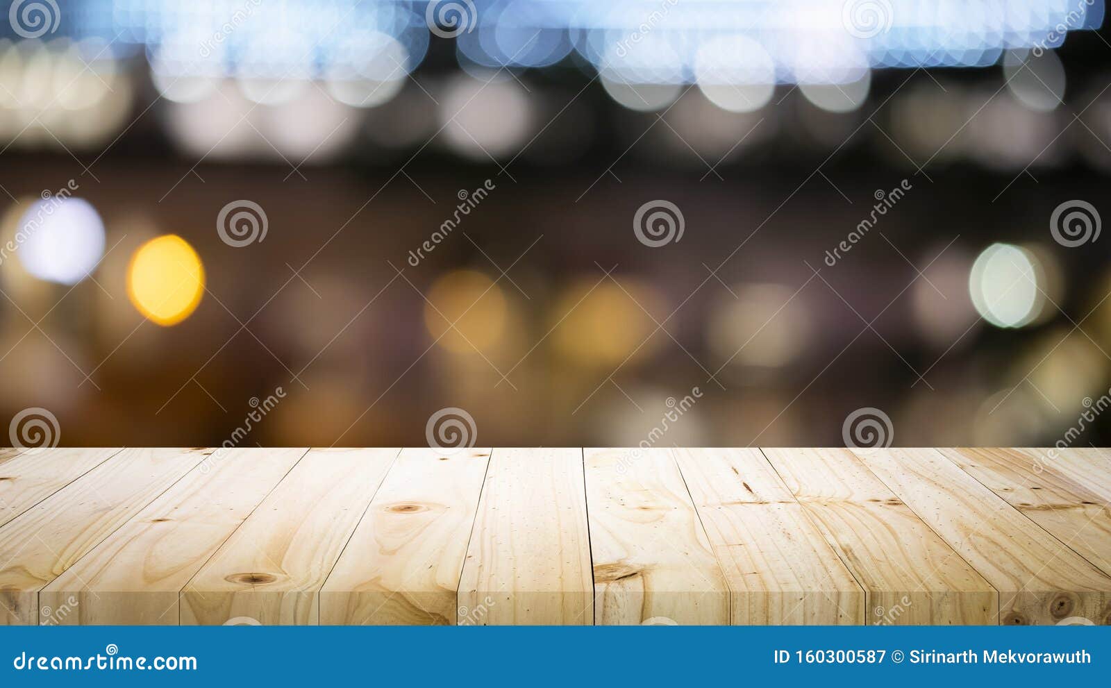 Empty Wooden Table Platform and Bokeh at Night Stock Image - Image of ...