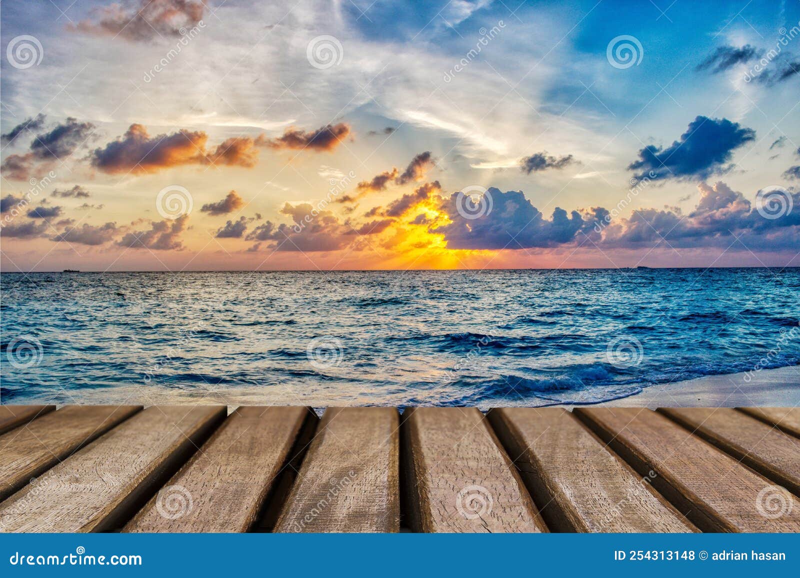 Empty Wooden Table and Sky in the Beach Stock Photo - Image of textured ...