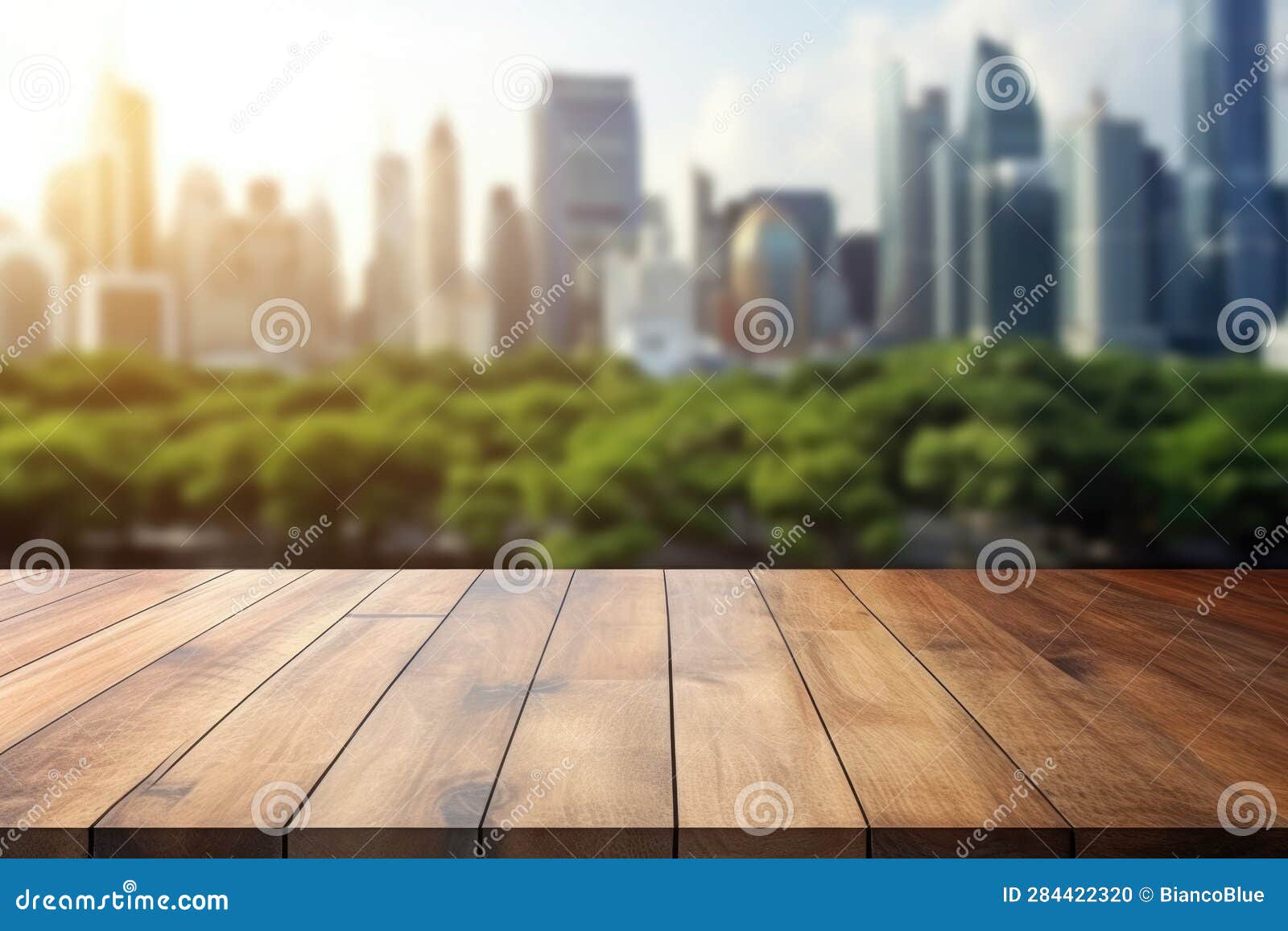 The Empty Wooden Table Top with Blur Background of Downtown Business ...