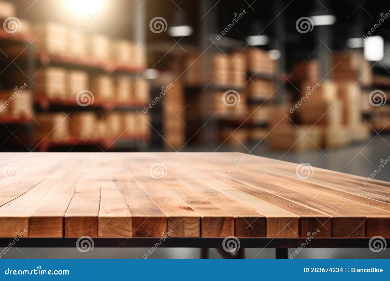 The Empty Wooden Table Top with Blur Background of a Large Warehouse ...