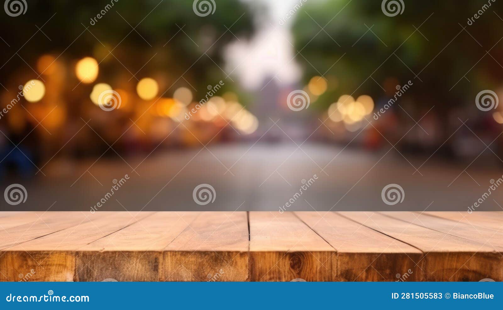 The Empty Wooden Table Top with Blur Background of Town Square ...
