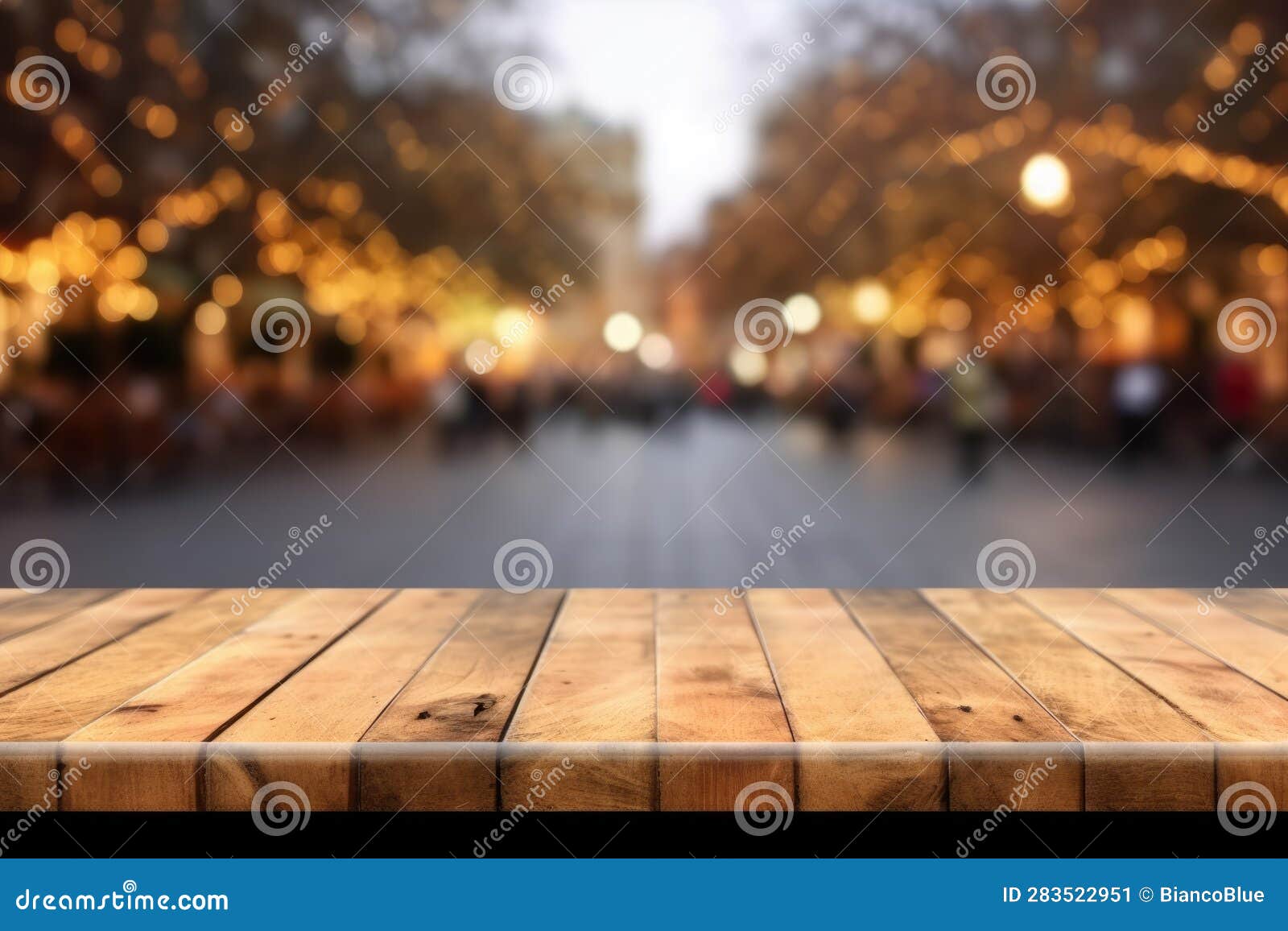 The Empty Wooden Table Top with Blur Background of Town Square ...