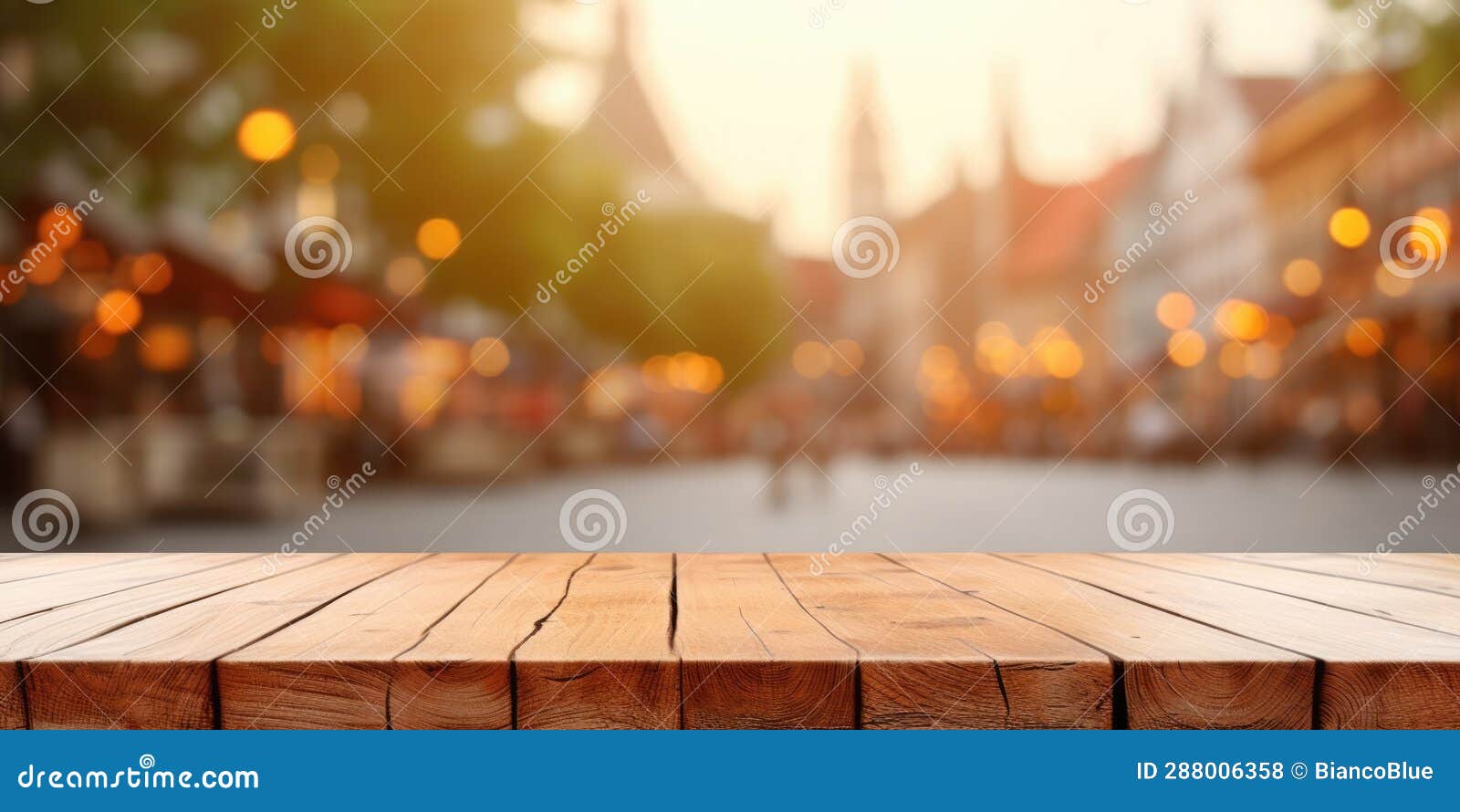 The Empty Wooden Table Top with Blur Background of Town Square ...
