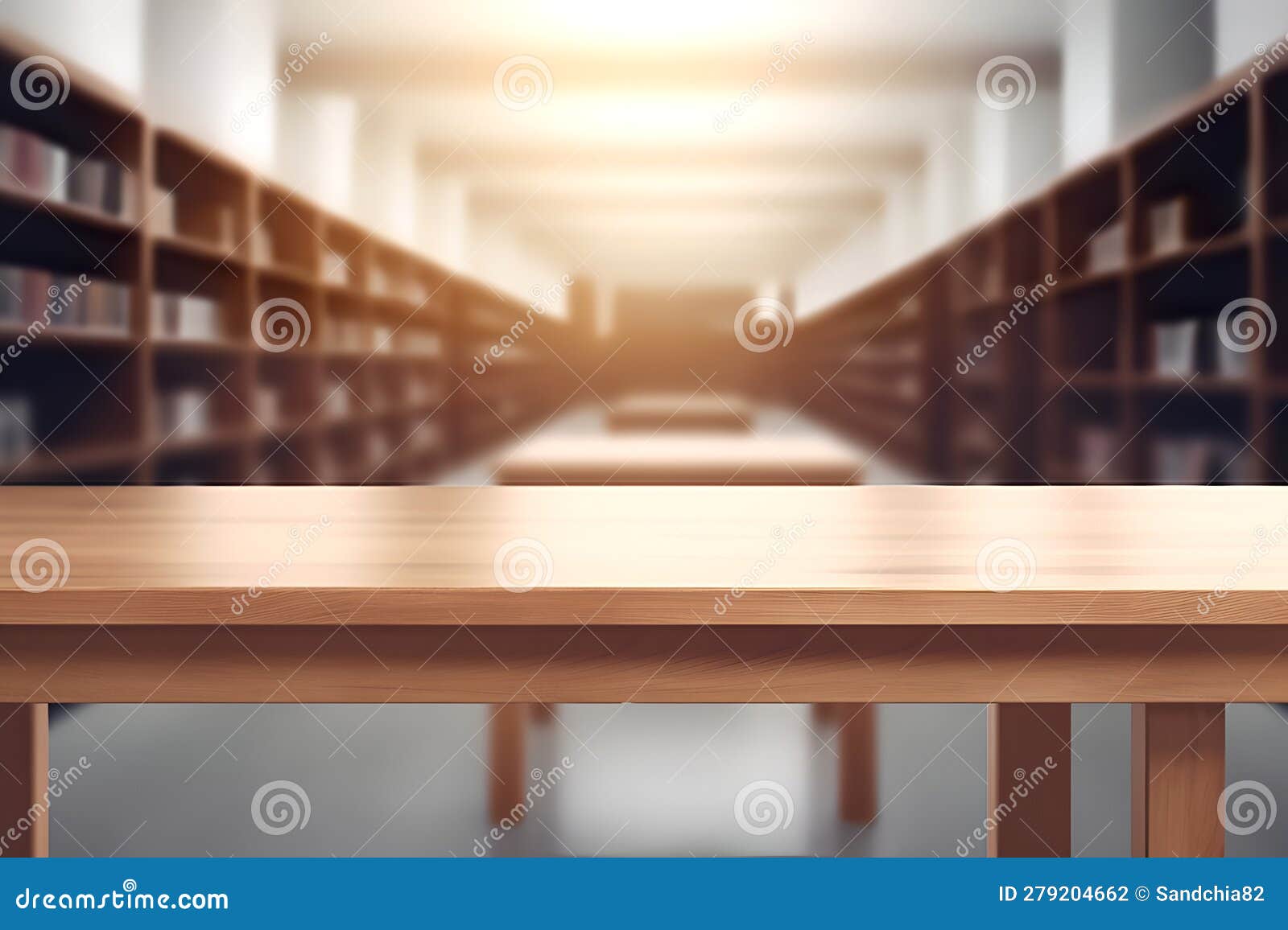 Empty Wooden Table Top with Empty Library Bookstore Shelf of Book Blurred Background. Template ...