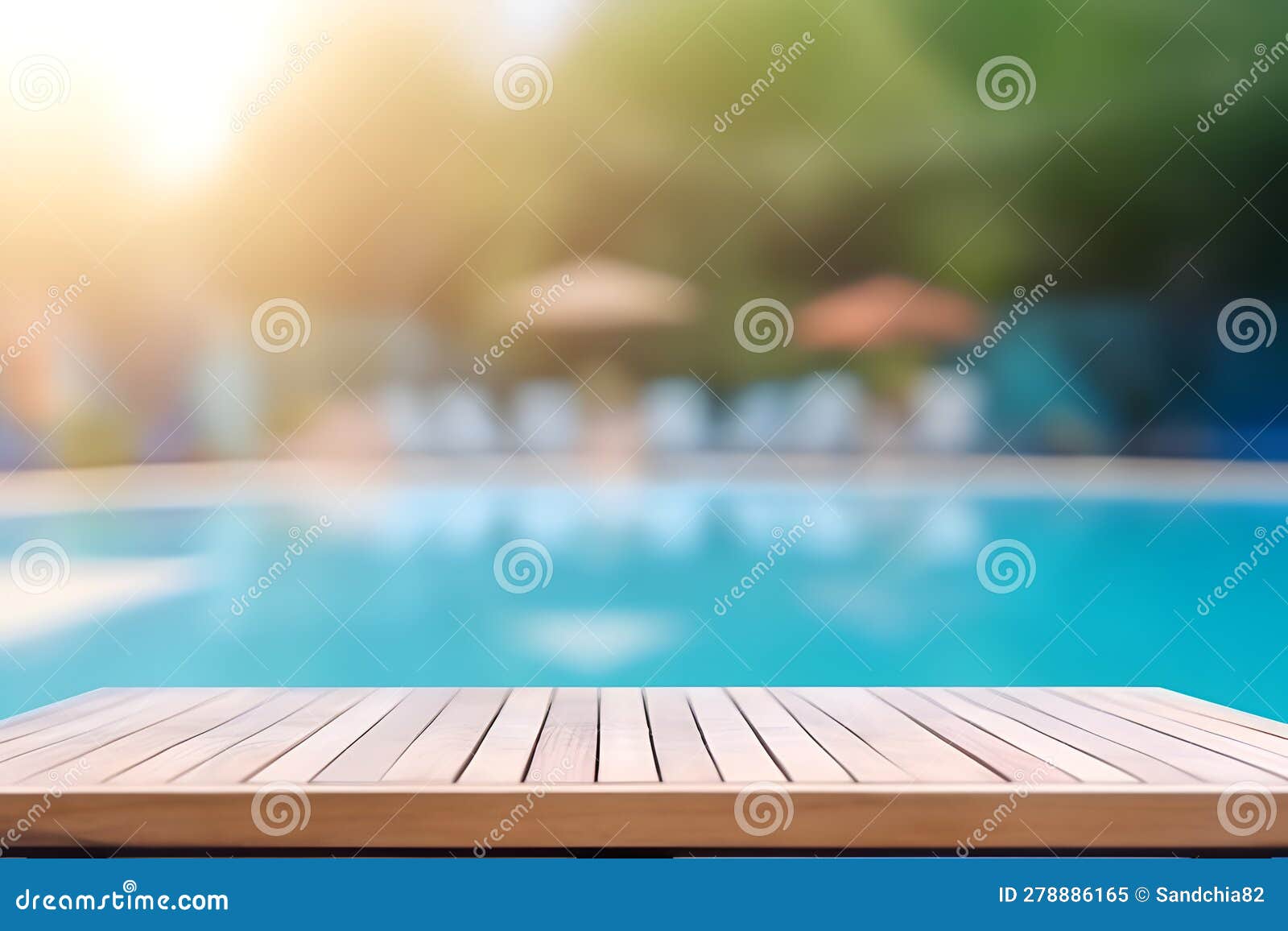 Empty Wooden Table Top in Front of Swimming Pool at Summer Blurred ...