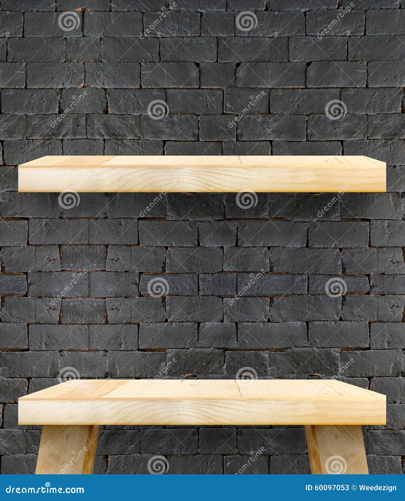 Empty Wooden Table Top and Shelf at Black Bricks Wall,Template M Stock ...