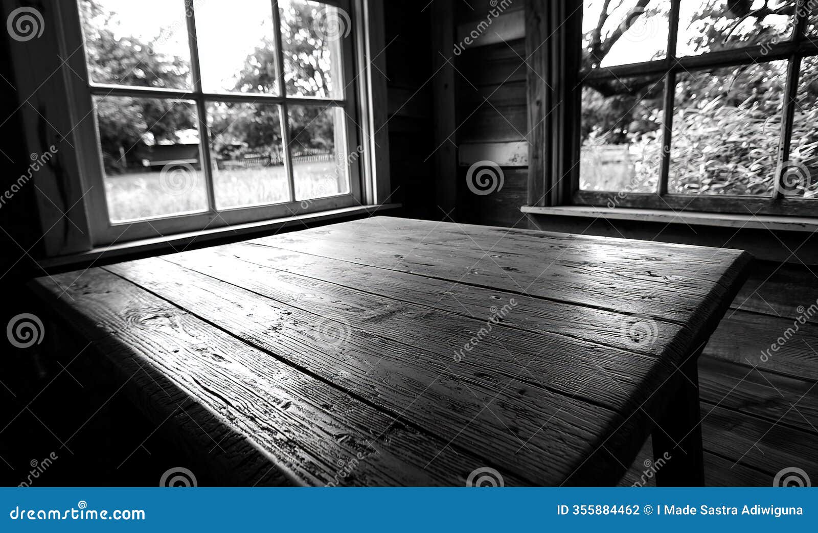 Empty Wooden Table by Window in Rustic Cabin, Overlooking Nature Ideal for Product Placement ...