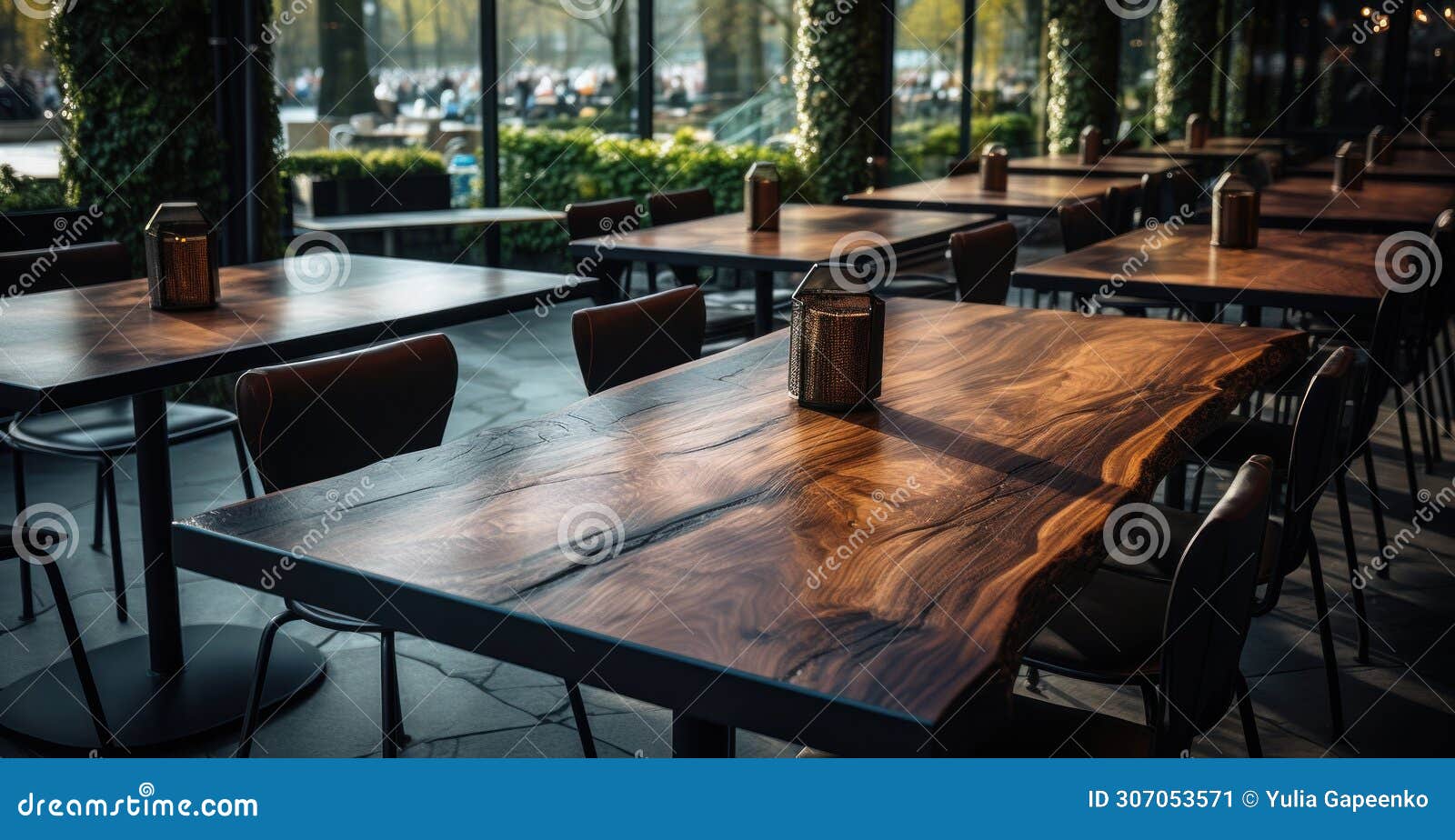 Empty Wooden Tables in an Open Cafe Stock Image - Image of dining ...