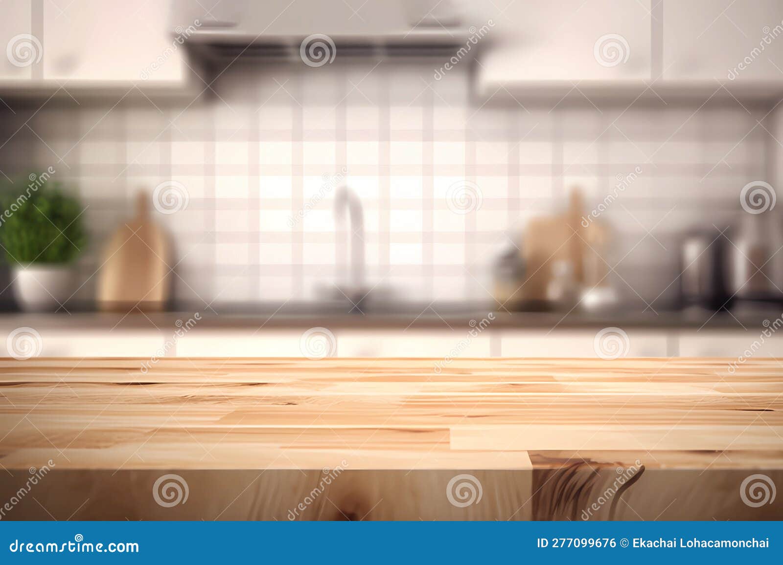 Empty Wooden Tabletop on Blurred Kitchen Counter Room Background ...