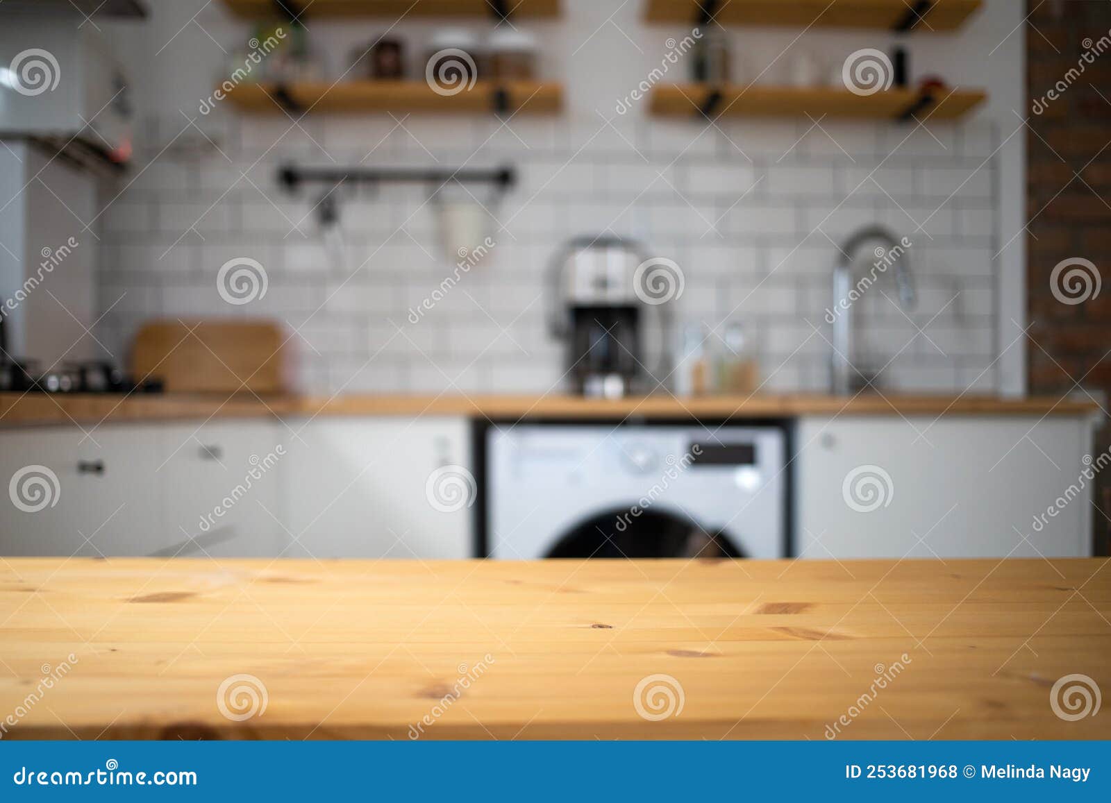 Empty Wooden Tabletop and Blurred Kitchen Mock Up for Product Display ...