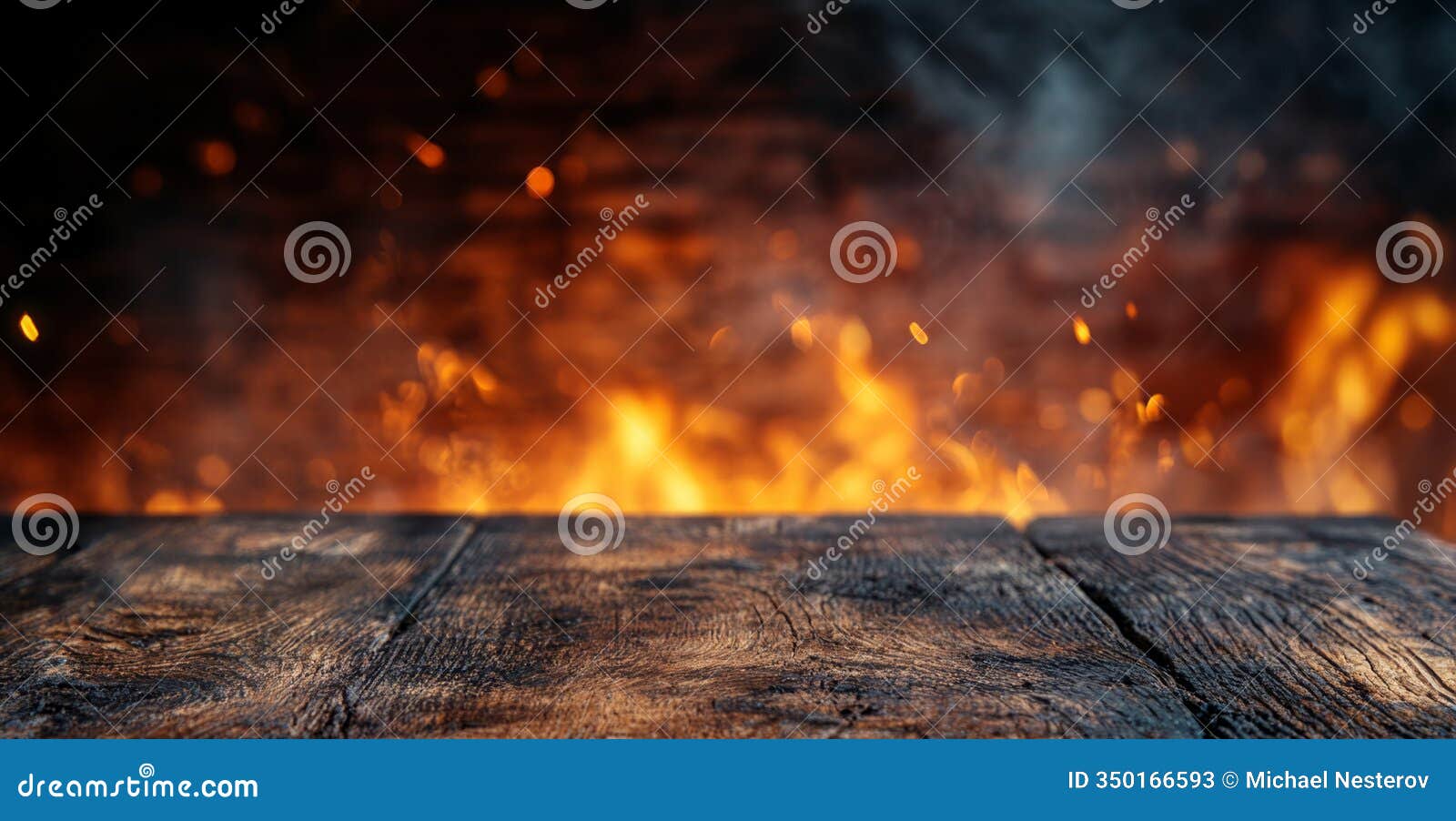 Empty Wooden Tabletop Burning with Hot Flames and Smoke Stock Image ...