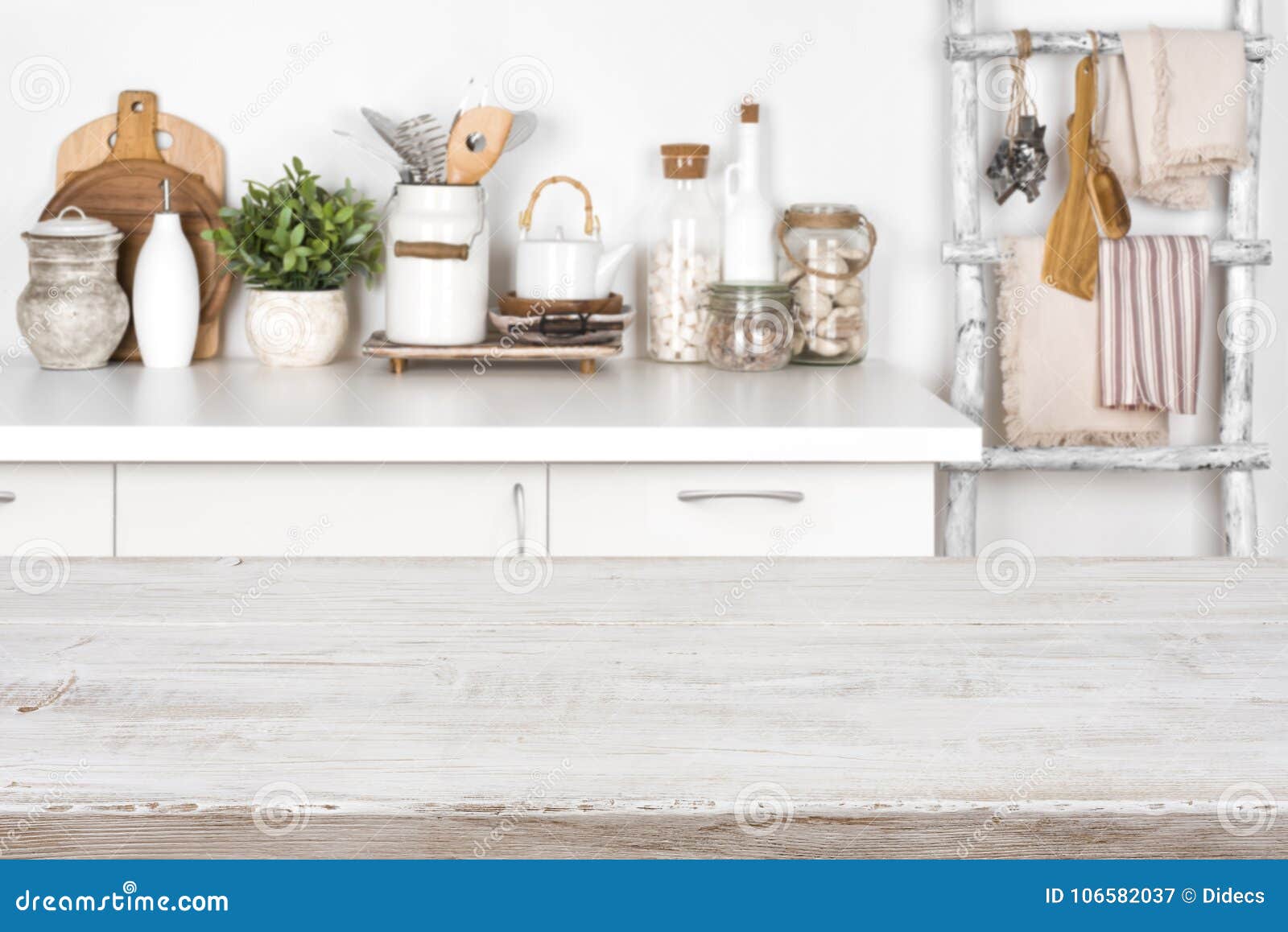Empty Wooden Texture Table with Blurred Image of Kitchen Interior Stock ...