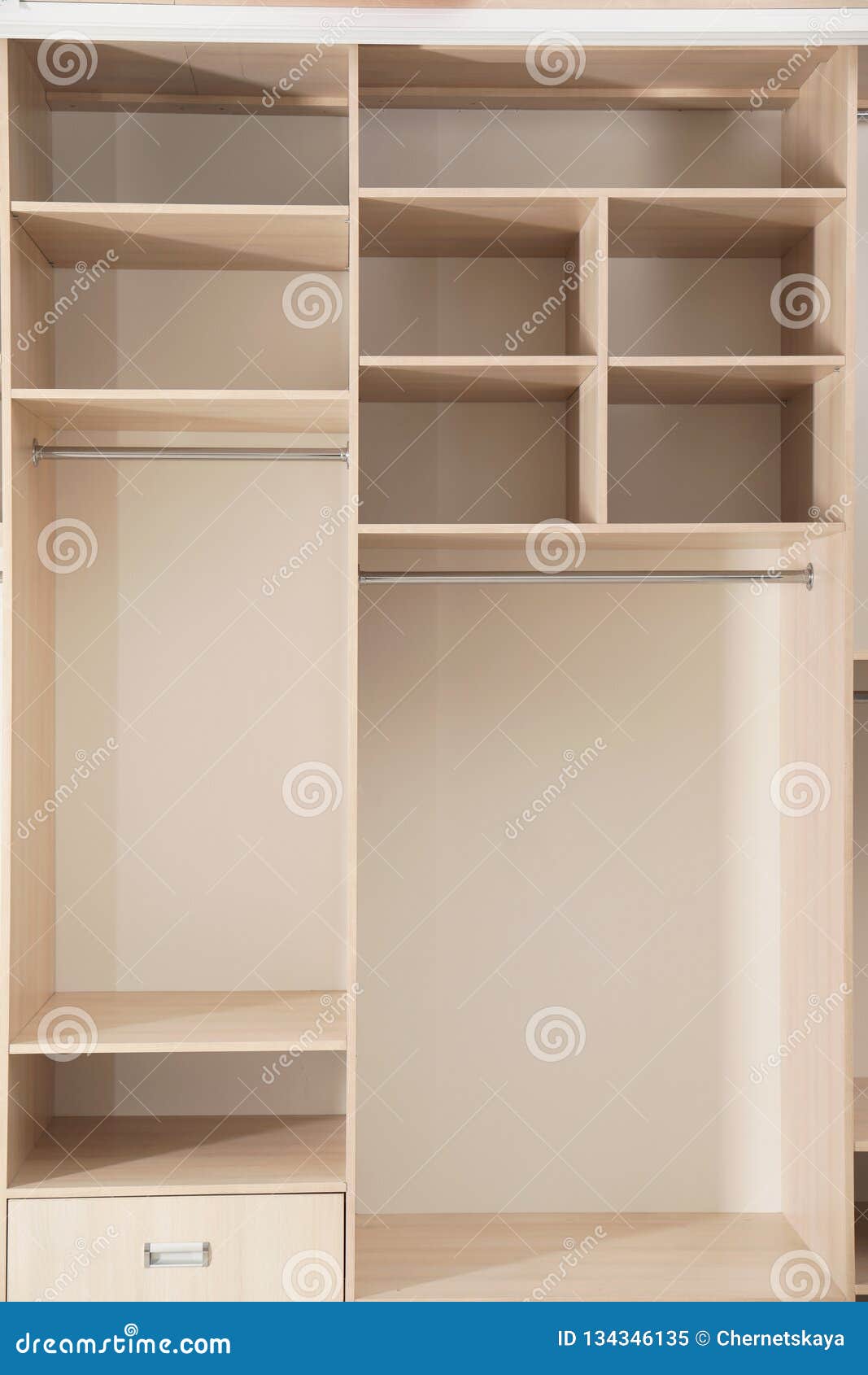 Empty Wooden Wardrobe with Shelves Stock Image - Image of clothes ...