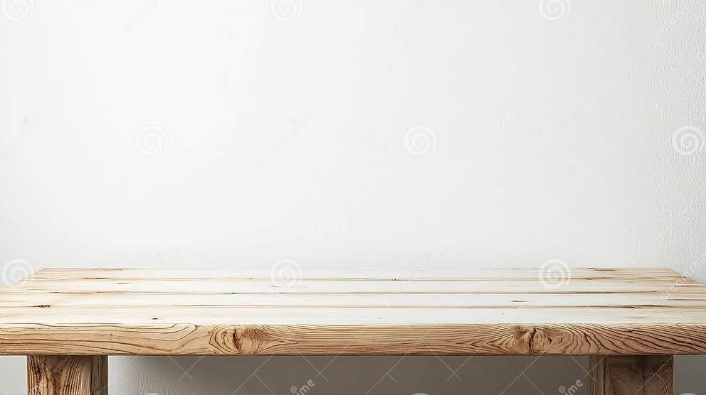Empty Wooden White Table, White Wall Background Stock Illustration ...