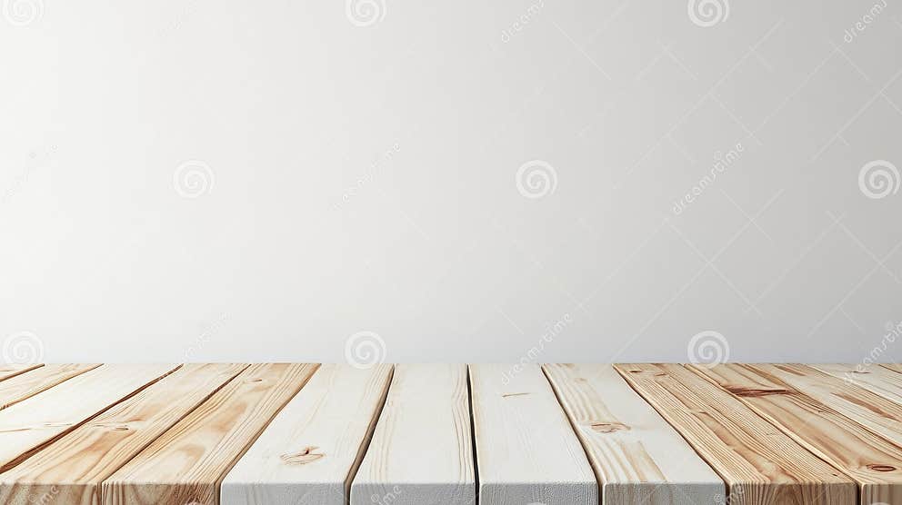 Empty Wooden White Table, White Wall Background Stock Illustration ...