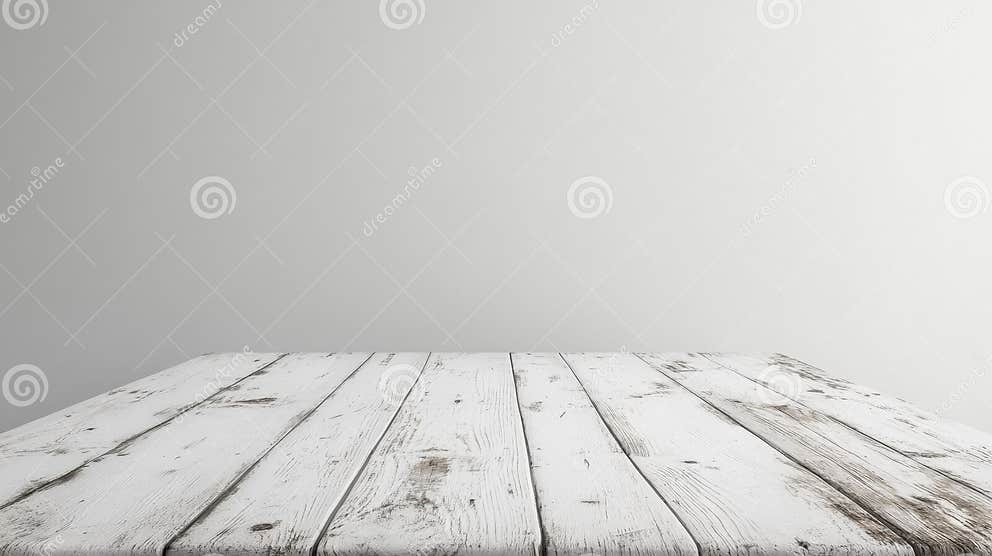 Empty Wooden White Table, White Wall Background Stock Illustration ...