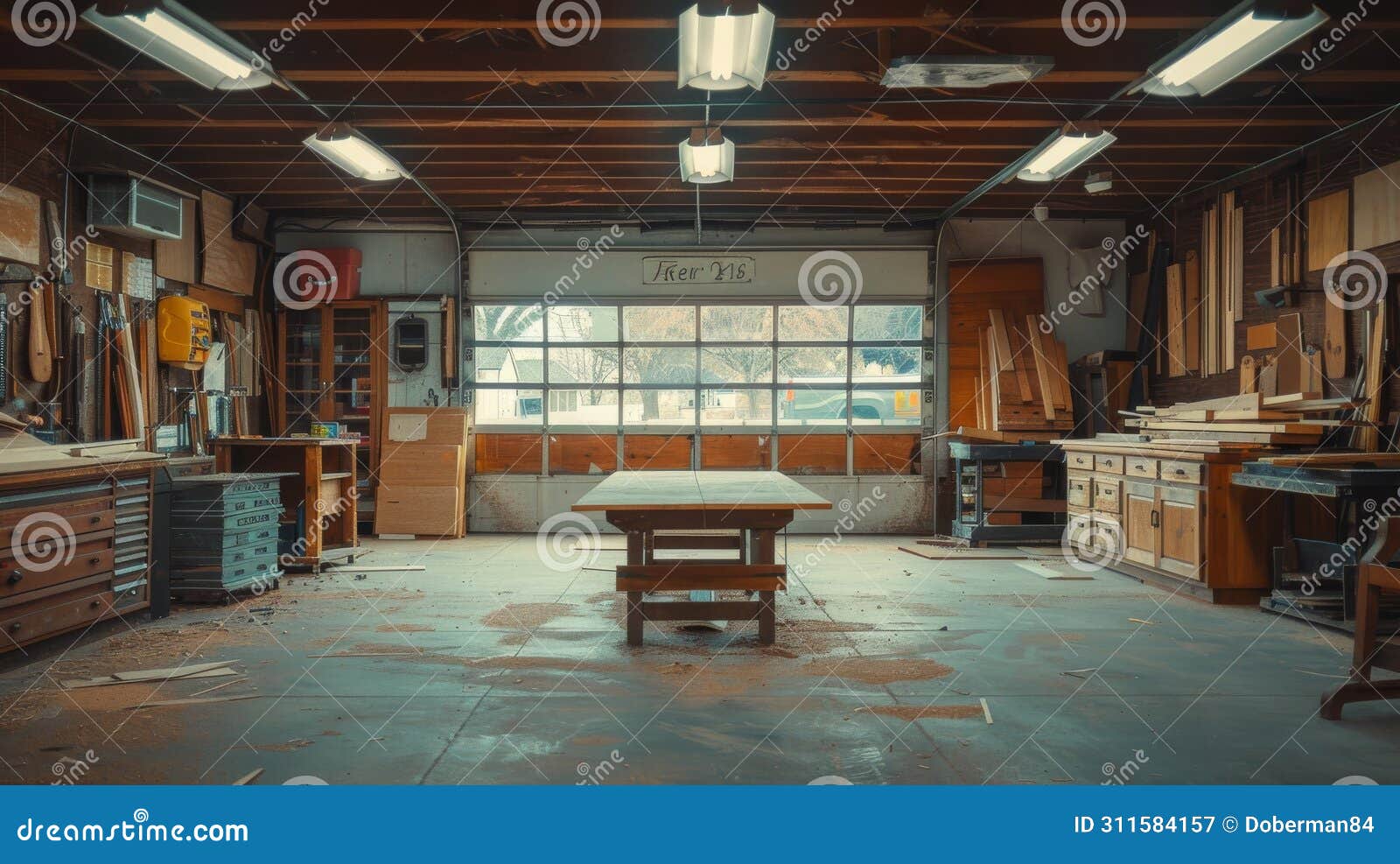 Empty Woodshop Interior with Tools, Workbench, and Equipment Stock ...