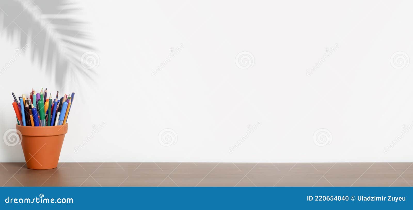 Empty Work Desk in Home Office with White Wall and Pencils and ...