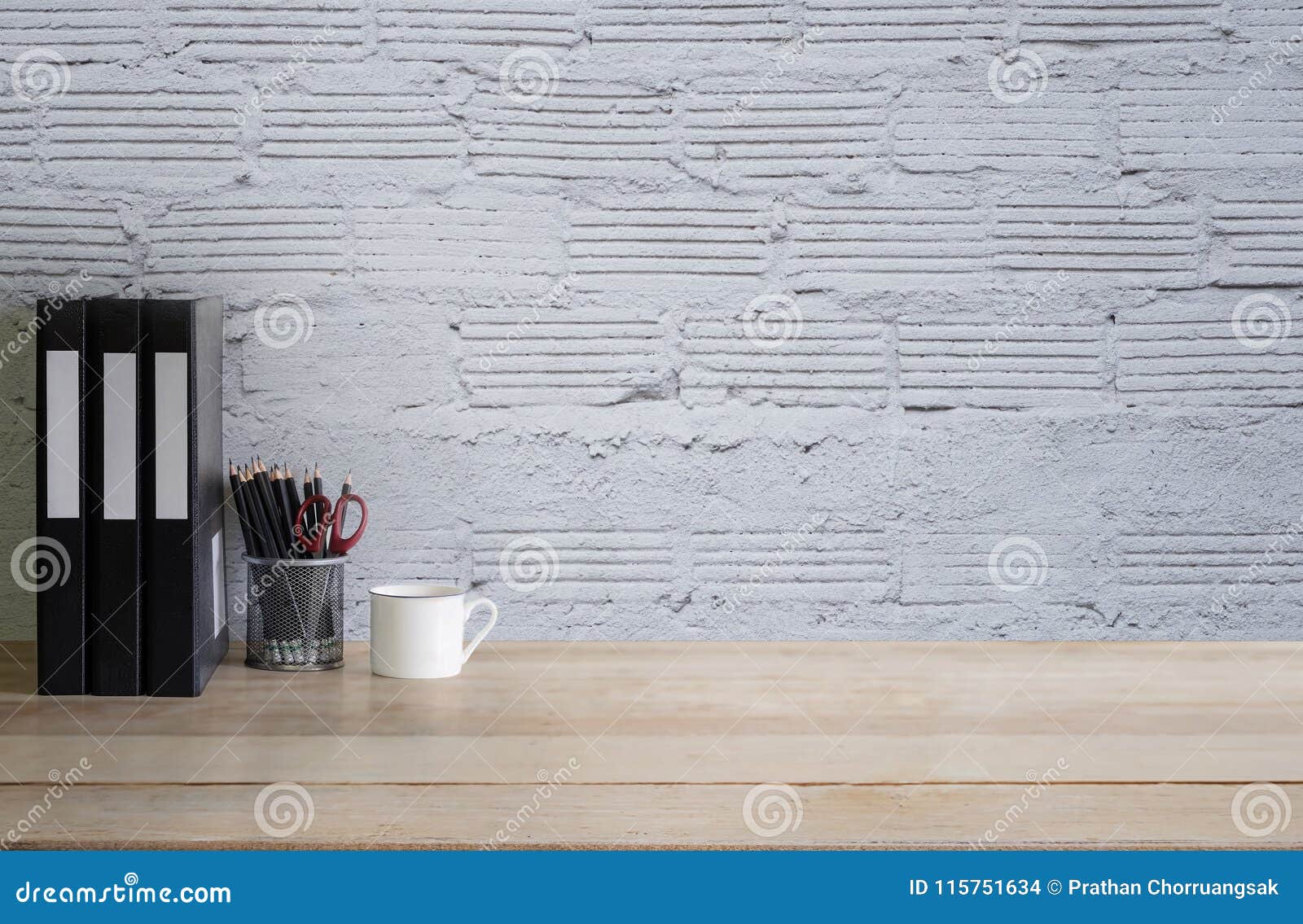 Empty Work Desk Office with Mug, Pencil and File Document a Wood Stock ...