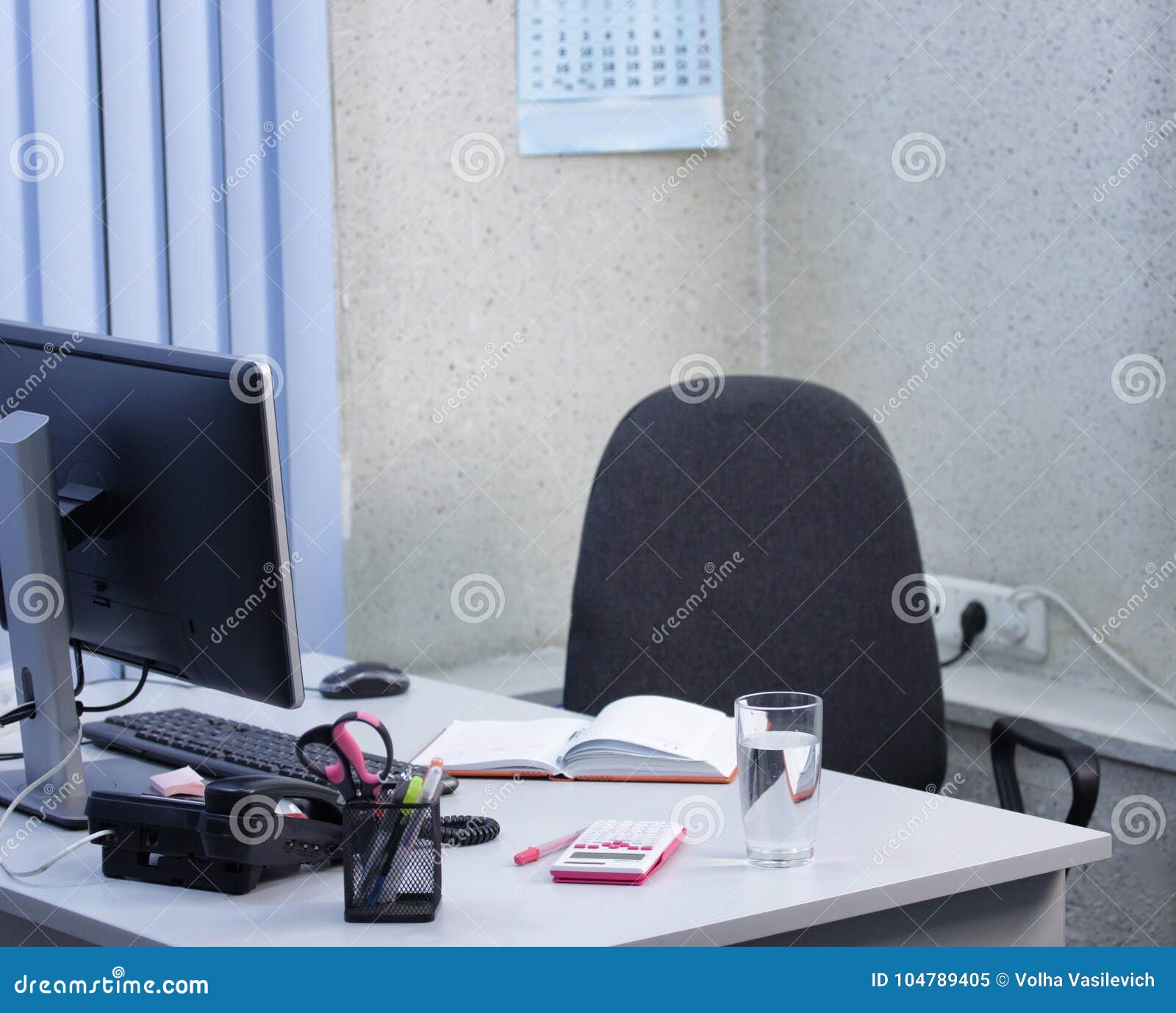 Empty Workplace in the Office. Chair, Desk with Office Supplies and ...