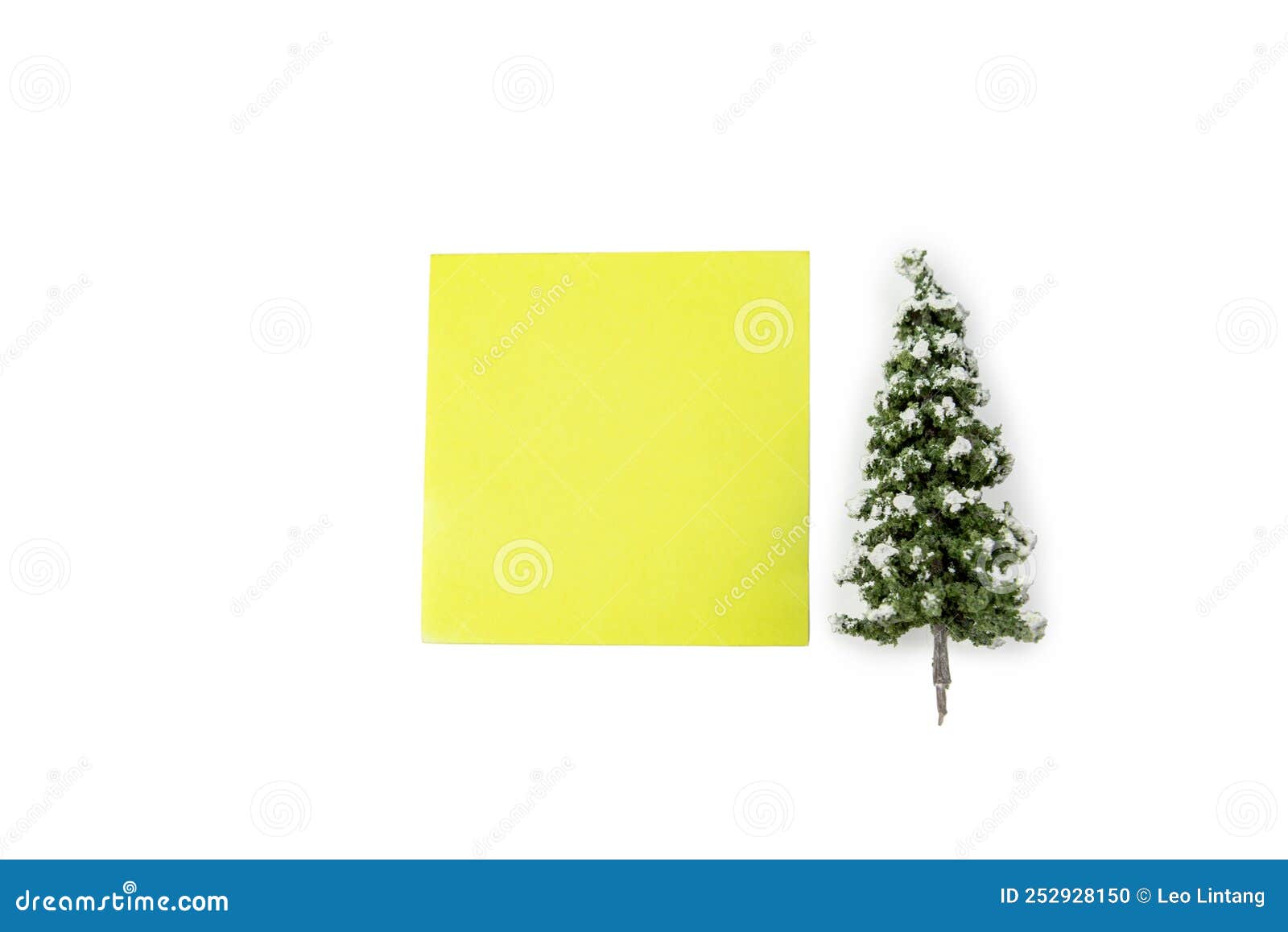 Empty Yellow Notes and Snowy Little Pine Trees Stock Photo - Image of ...