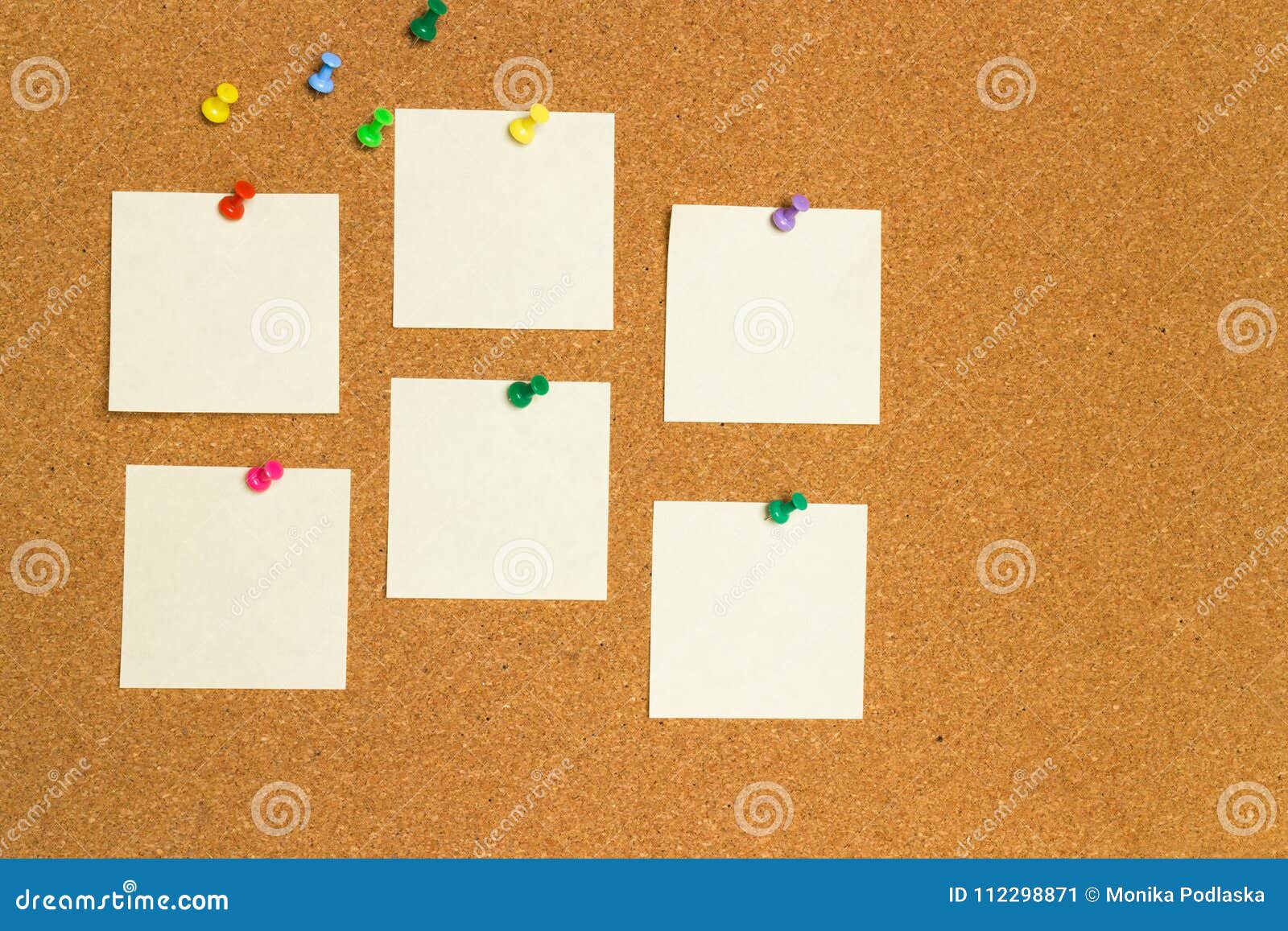 Empty Yellow Sticky Notes on Cork Board with Color Pins Stock Image ...