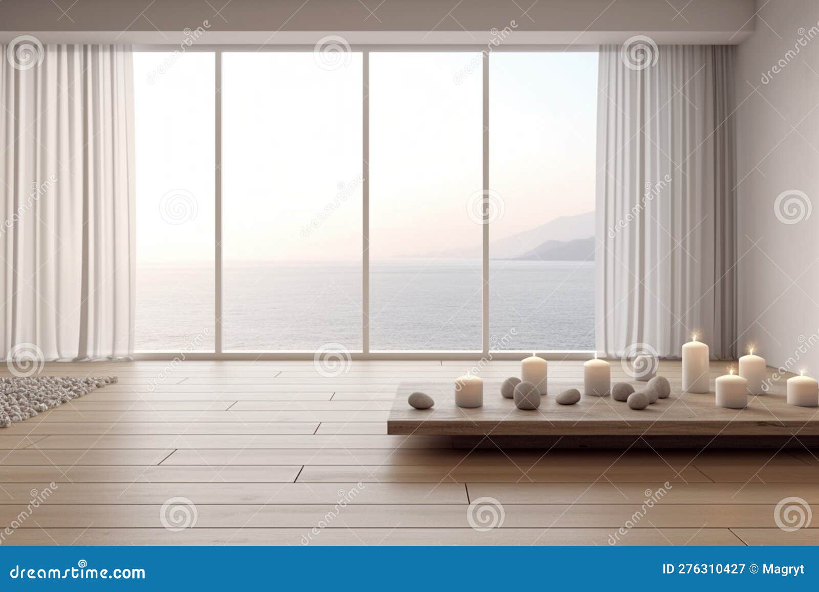 Empty Zen Room or Yoga Studio with Panoramic Windows and Burning ...