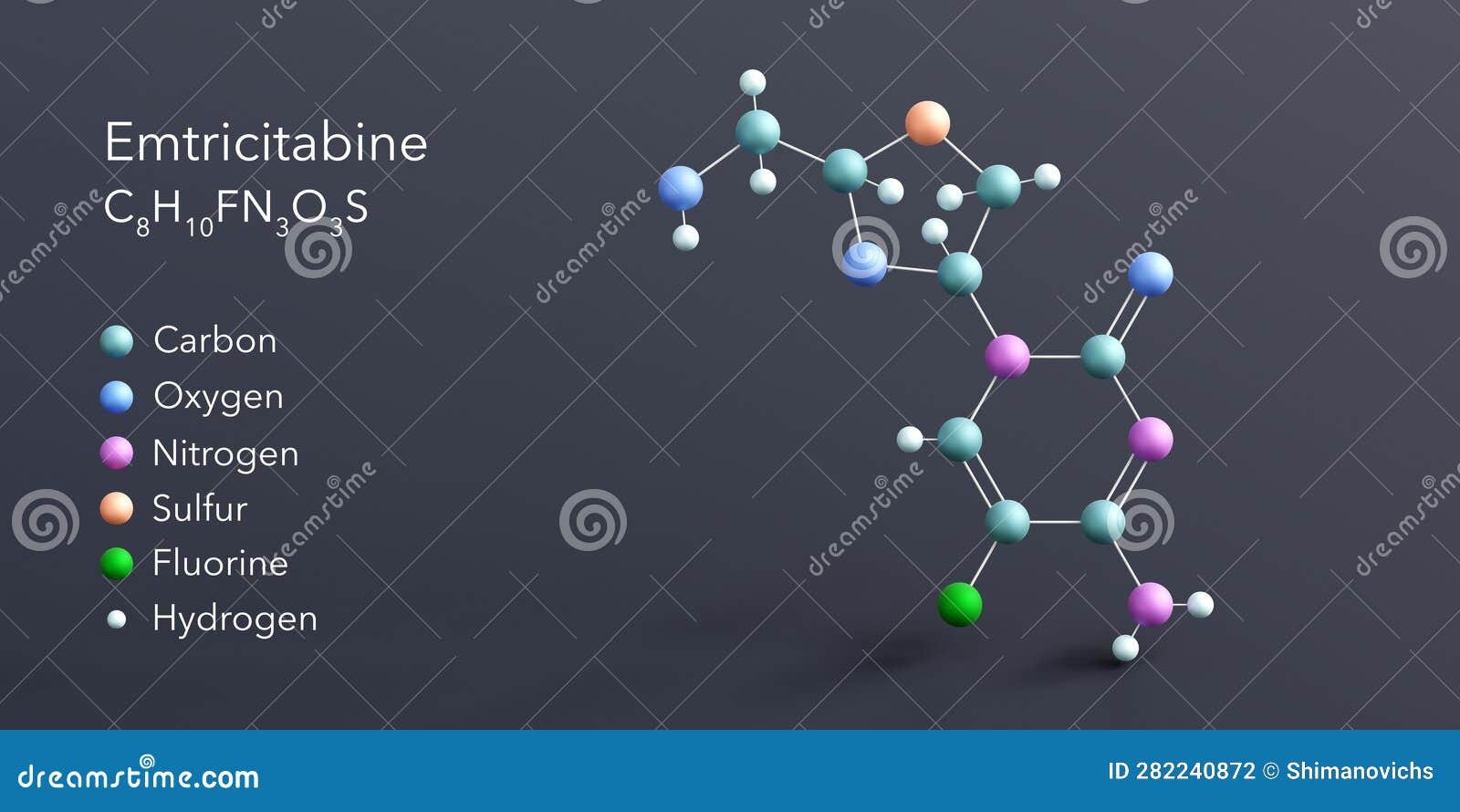 Emtricitabine Molecule 3d Rendering Flat Molecular Structure With