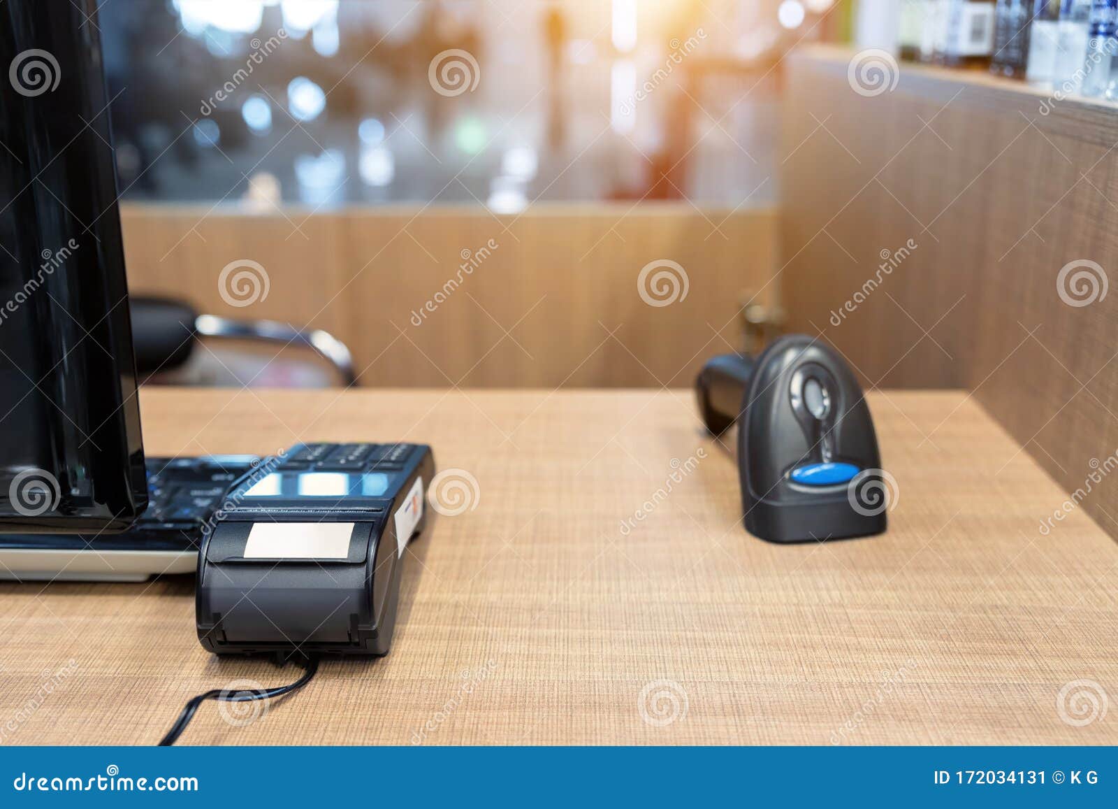 Emty Cashier Desk Counter POS Terminal with Barcode Scanner, Receipt ... Emty Cashier Desk Counter POS Terminal with Barcode Scanner, Receipt ...