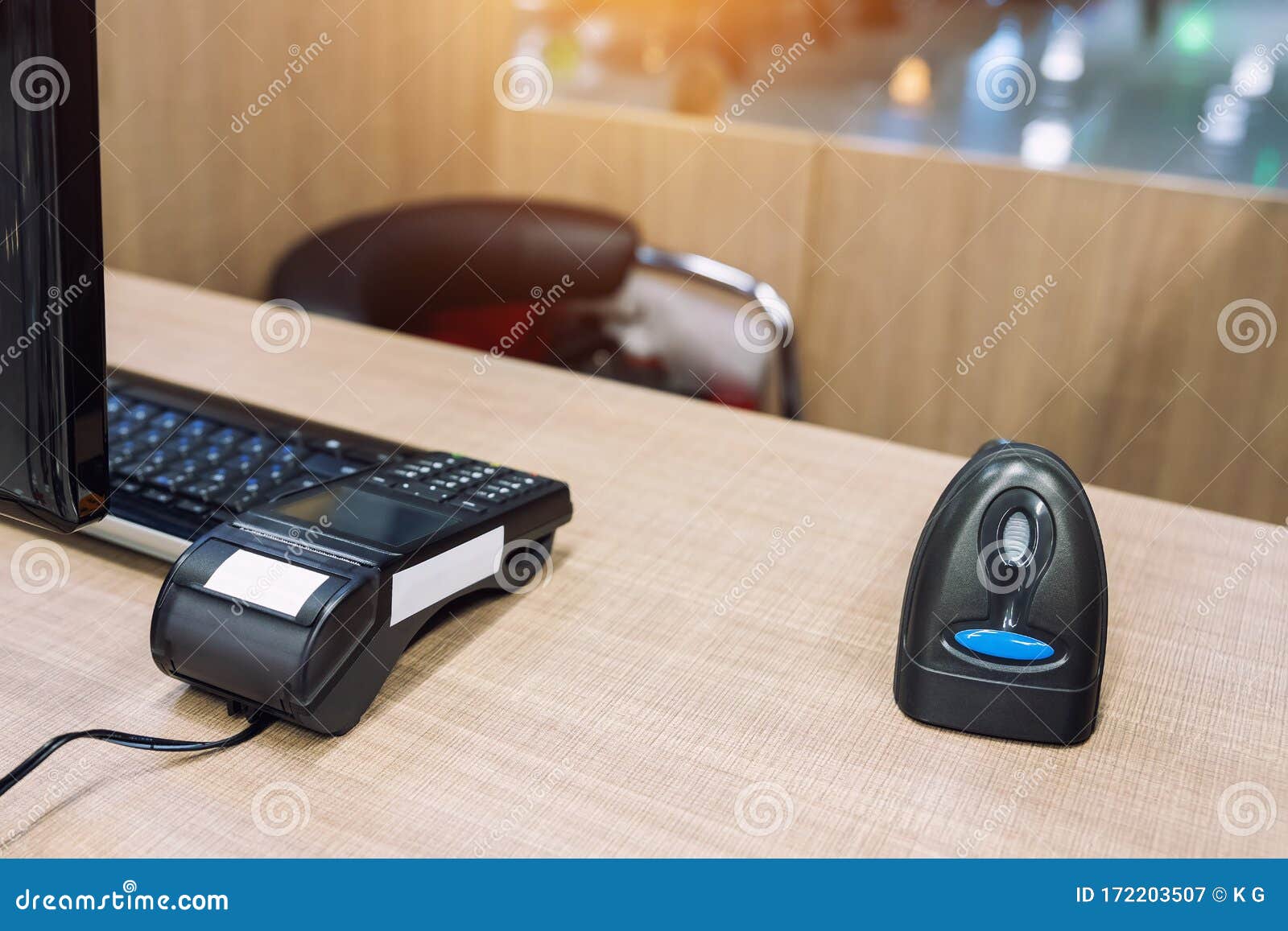 Emty Cashier Desk Counter POS Terminal with Barcode Scanner, Receipt ... Emty Cashier Desk Counter POS Terminal with Barcode Scanner, Receipt ...