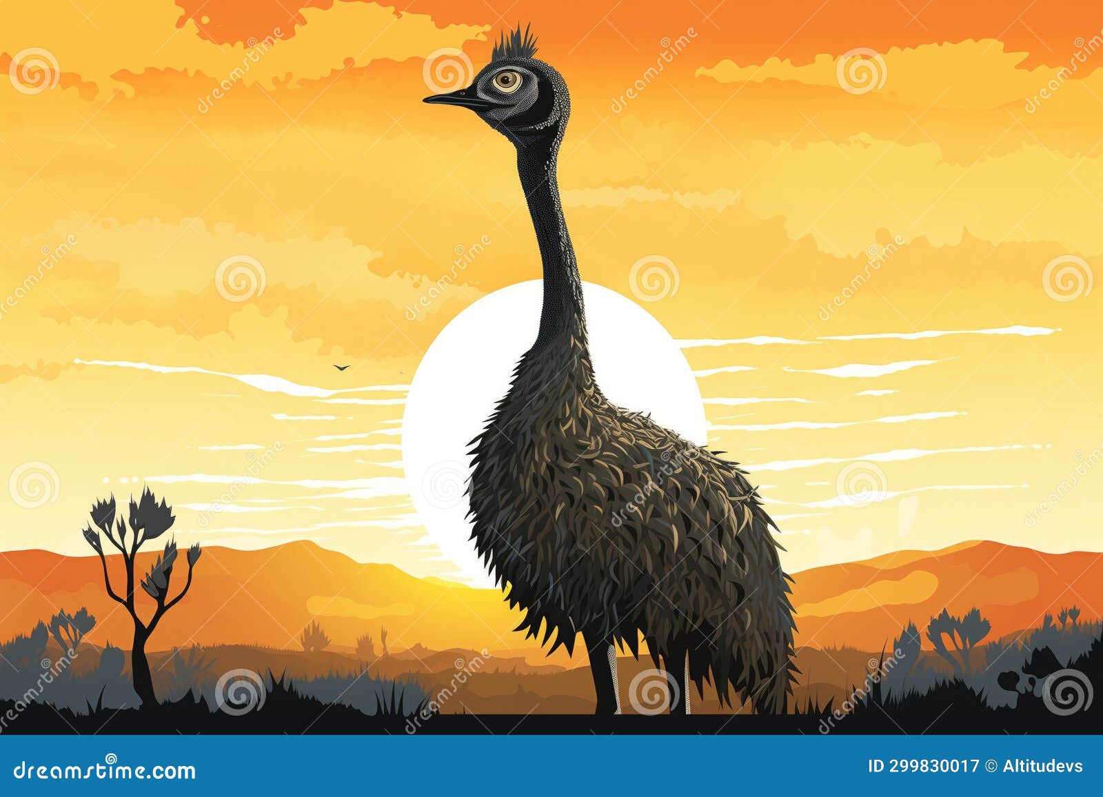 Emu Silhouette with Setting Sun in a Scrubland Stock Image - Image of ...