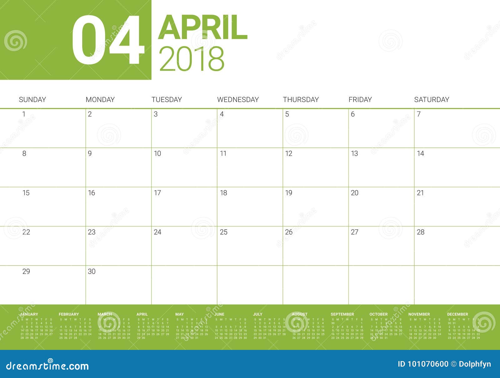 En Abril De 2018 Ejemplo Del Vector Del Planificador Del Calendario ...