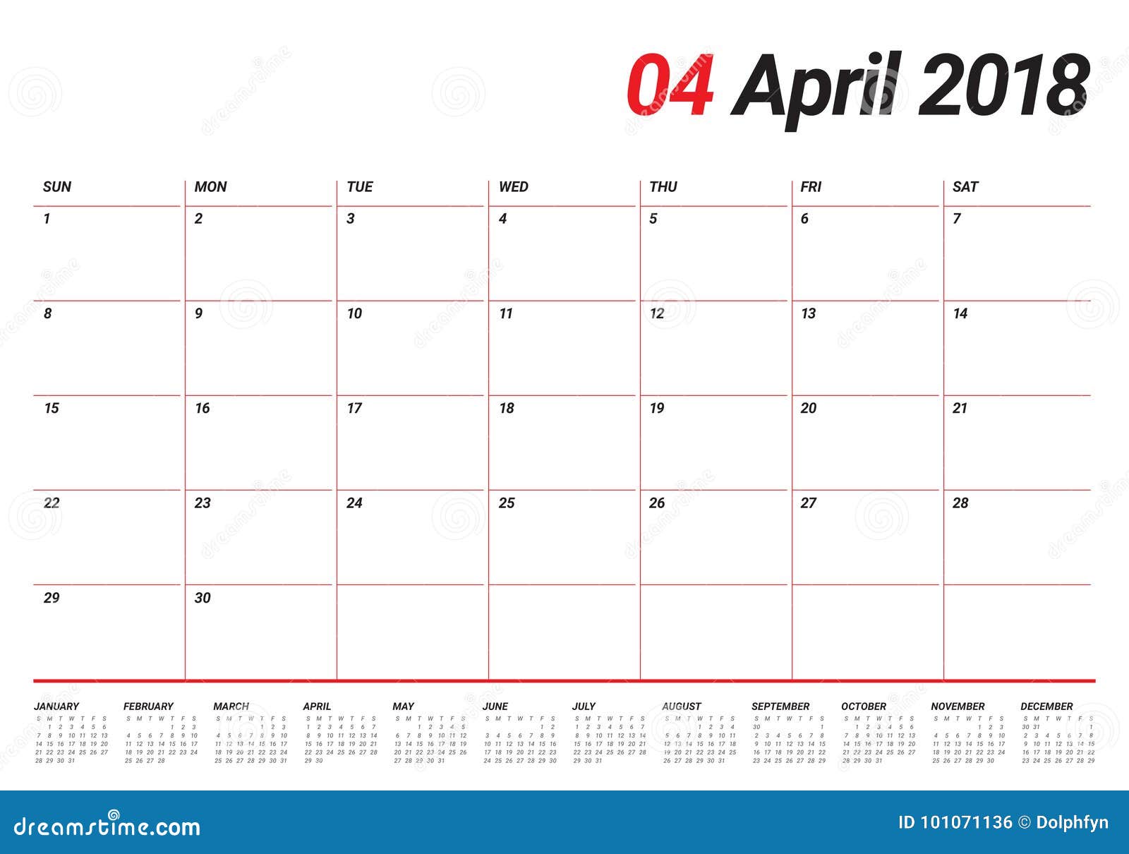 En Abril De 2018 Ejemplo Del Vector Del Planificador Del Calendario ...