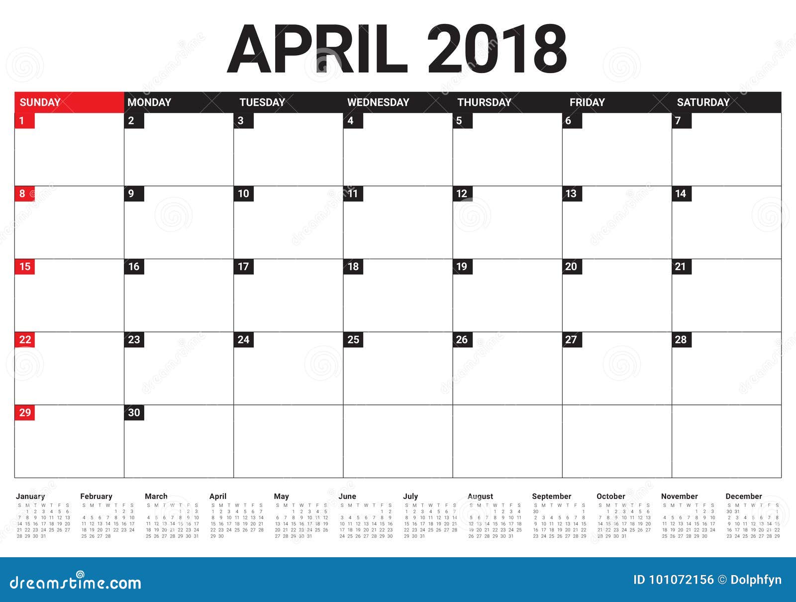 En Abril De 2018 Ejemplo Del Vector Del Planificador Del Calendario ...