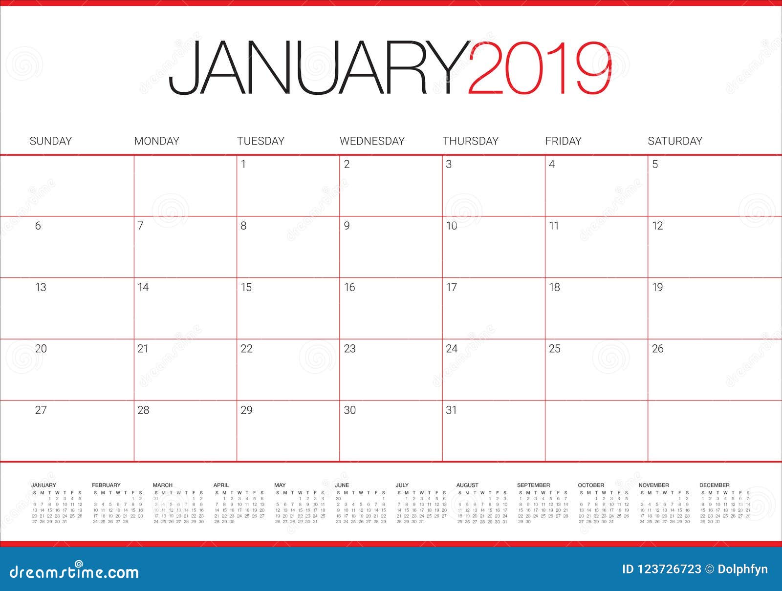 En Enero De 2019 Ejemplo Del Vector Del Calendario De Escritorio ...