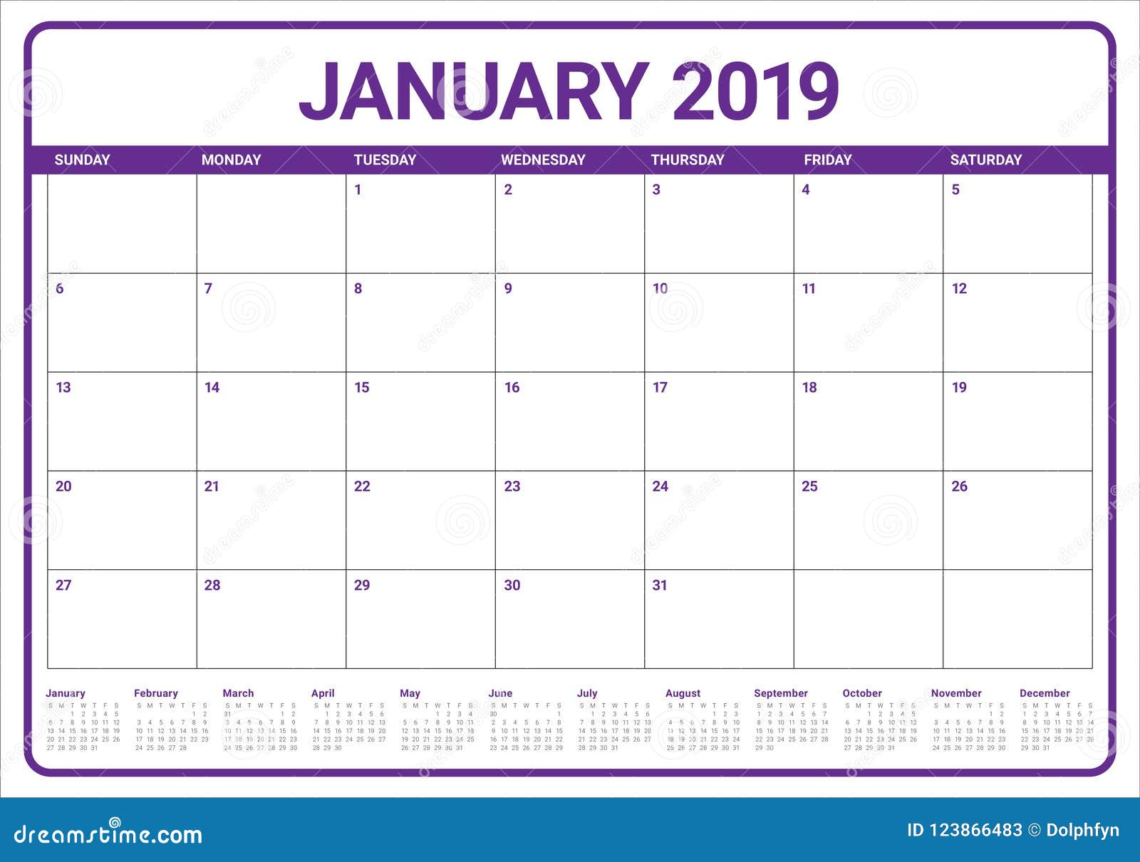 En Enero De 2019 Ejemplo Del Vector Del Calendario De Escritorio ...