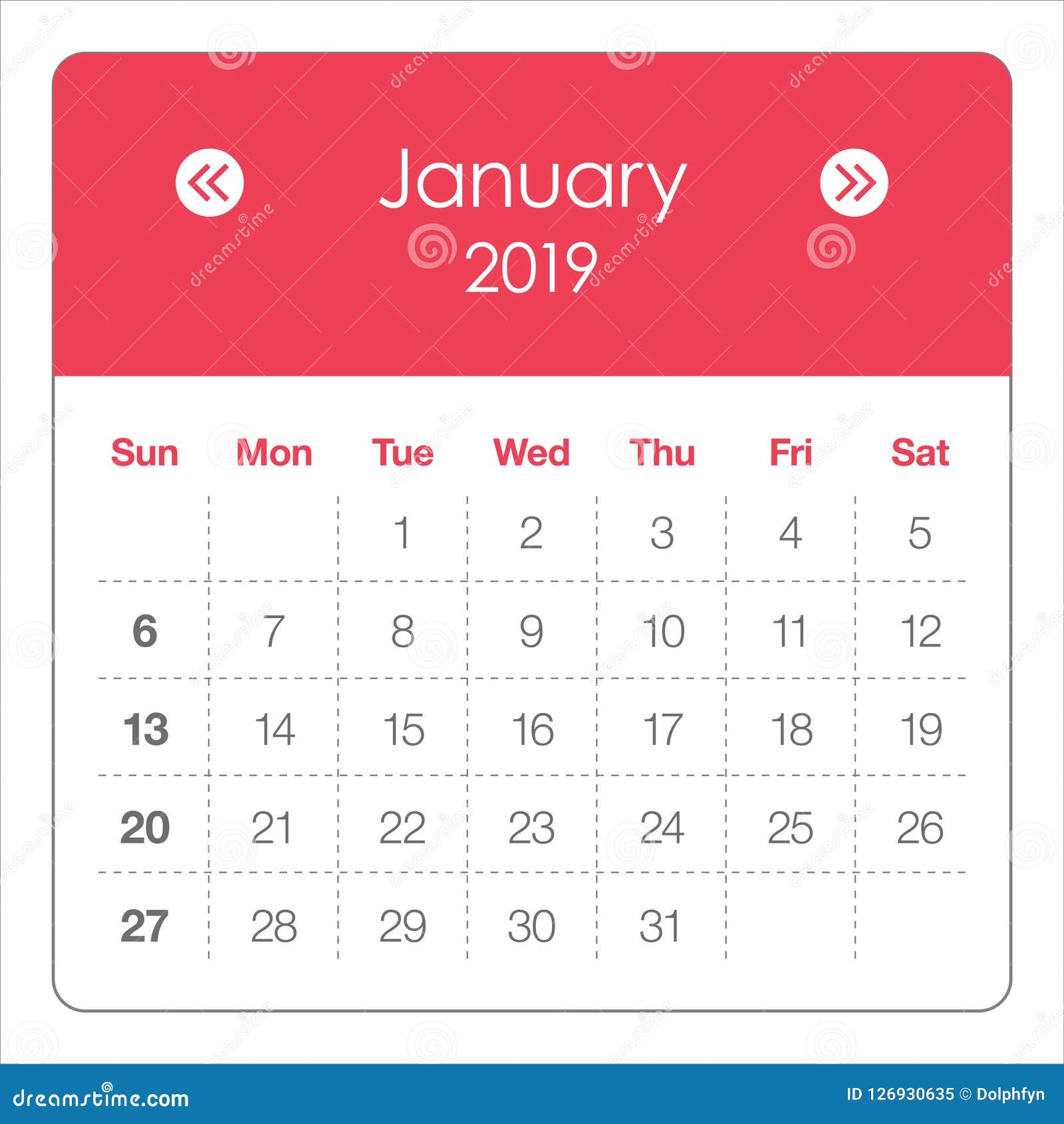 En Enero De 2019 Ejemplo Mensual Del Vector Del Calendario Ilustración ...