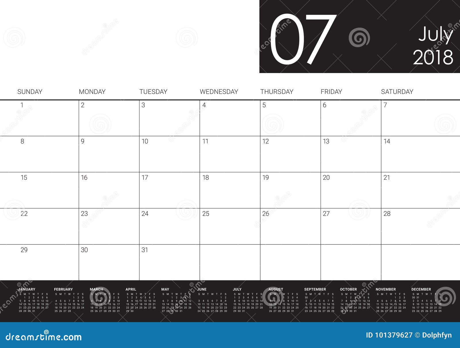 En Julio De 2018 Ejemplo Del Vector Del Planificador Del Calendario ...