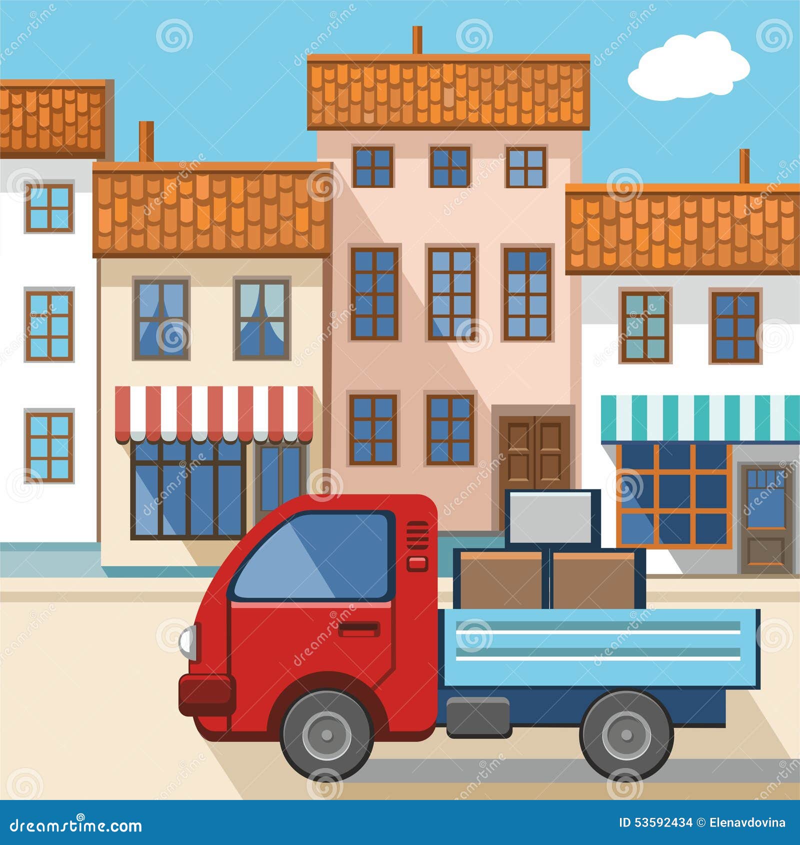 En liten lastbil i staden vektor illustrationer. Illustration av gata ...