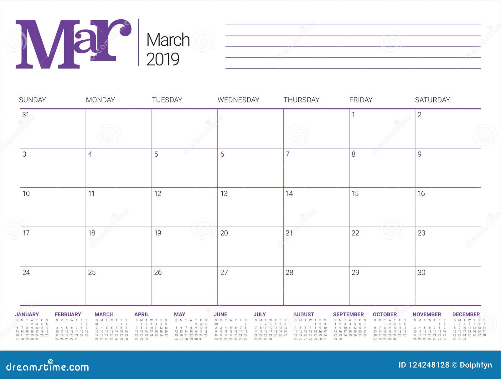 En Marzo De 2019 Ejemplo Del Vector Del Calendario De Escritorio ...