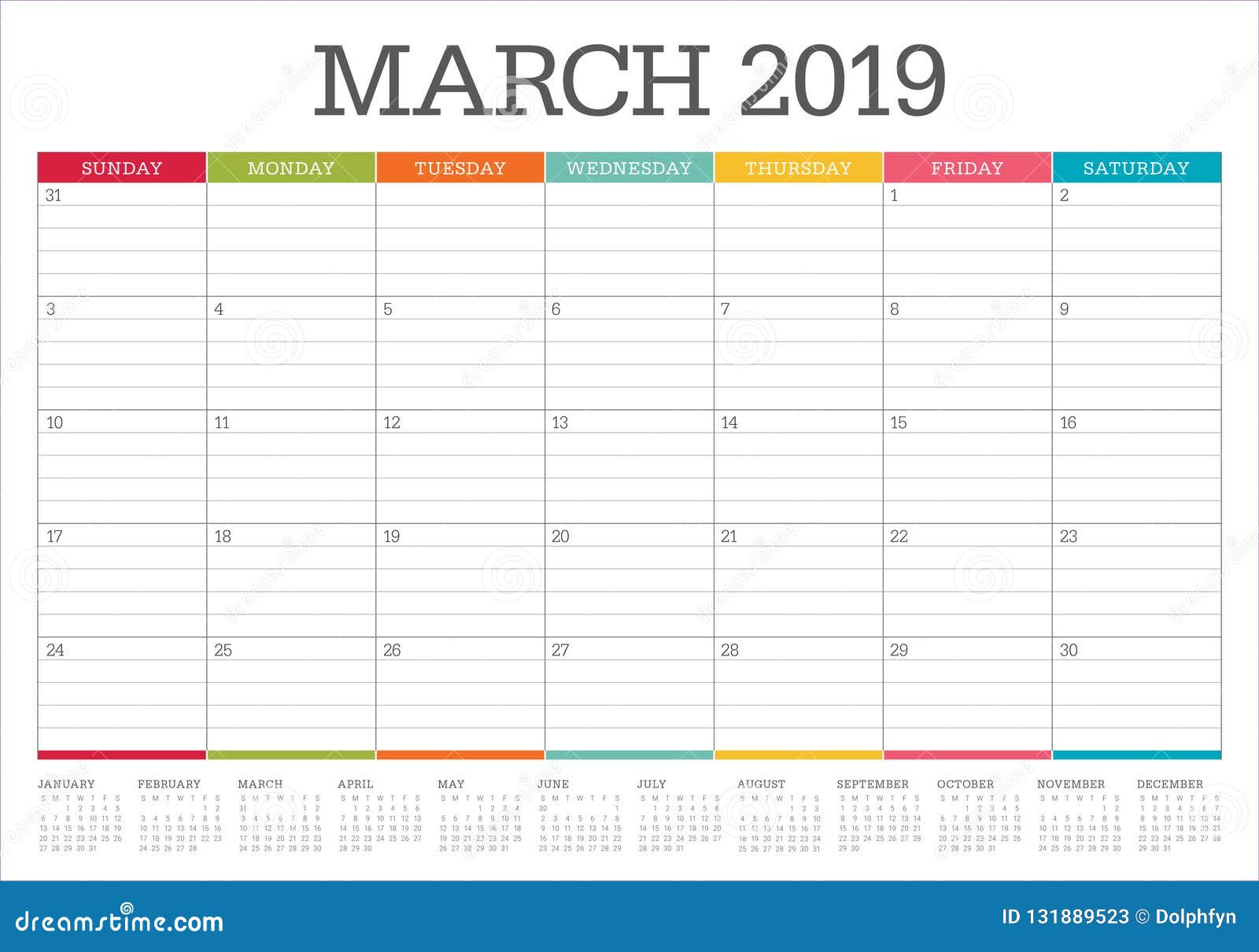 En Marzo De 2019 Ejemplo Del Vector Del Calendario De Escritorio ...