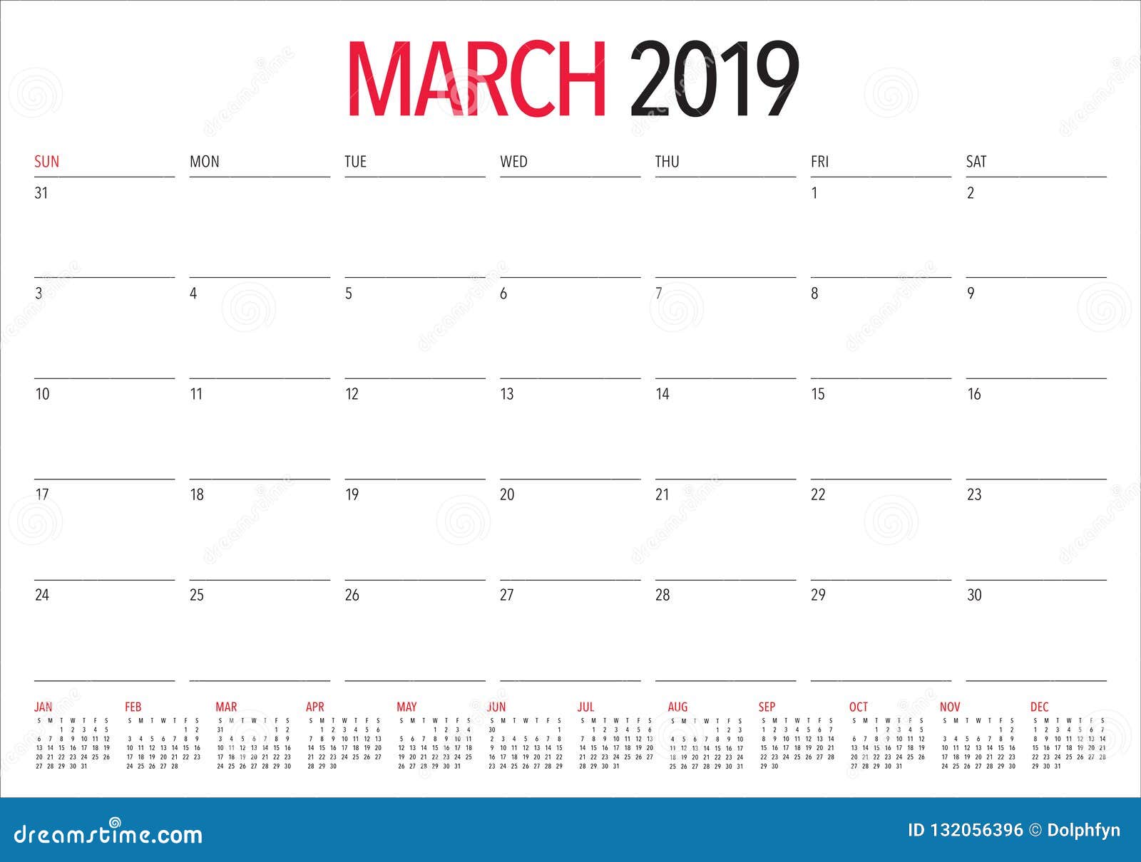 En Marzo De 2019 Ejemplo Del Vector Del Calendario De Escritorio ...