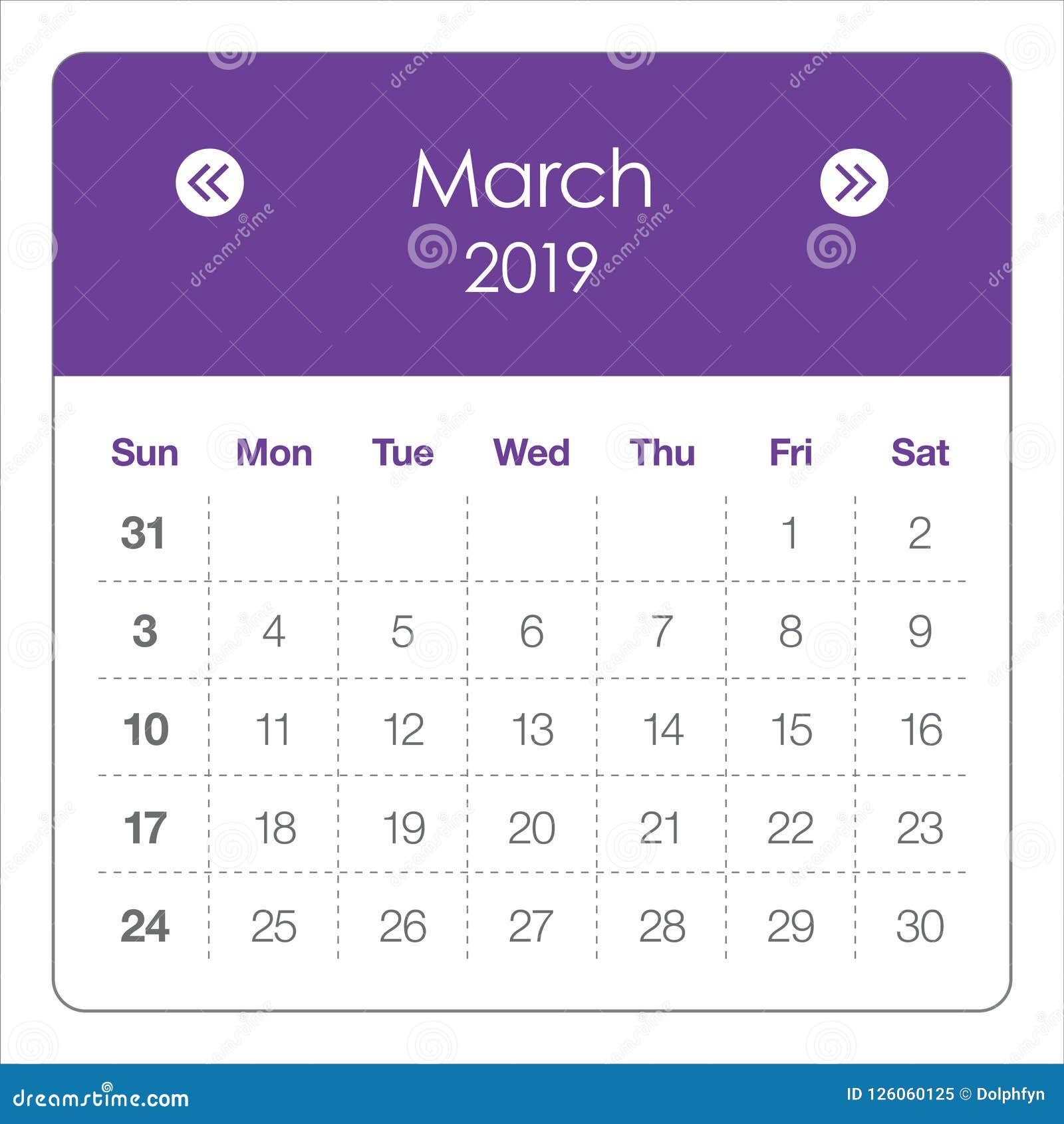 En Marzo De 2019 Ejemplo Mensual Del Vector Del Calendario Ilustración ...