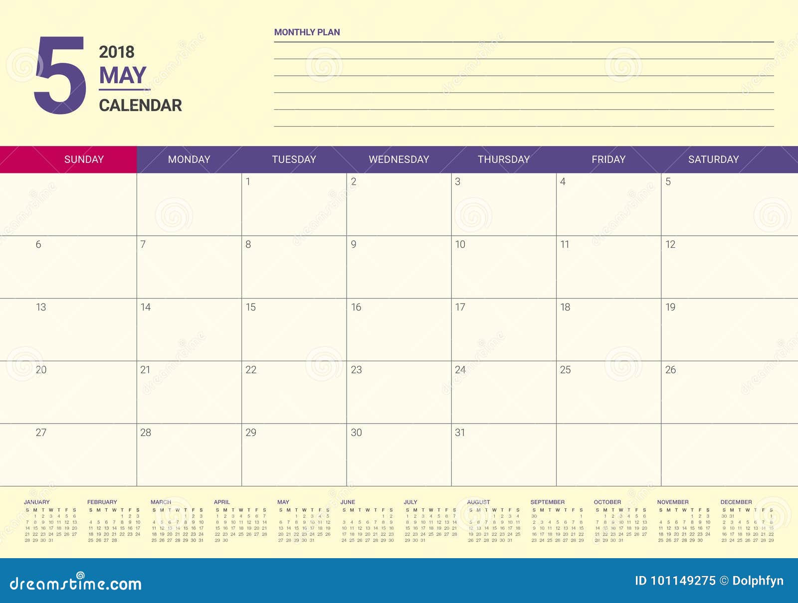 En Mayo De 2018 Ejemplo Del Vector Del Planificador Del Calendario ...