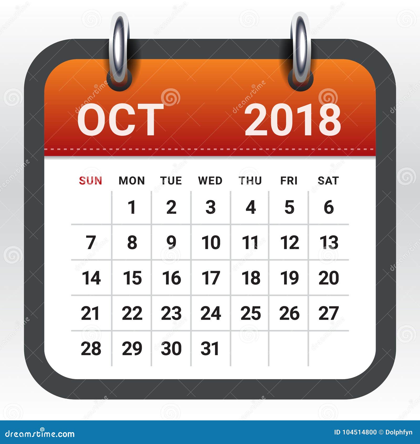 En Octubre De 2018 Ejemplo Del Vector Del Calendario Ilustración del ...