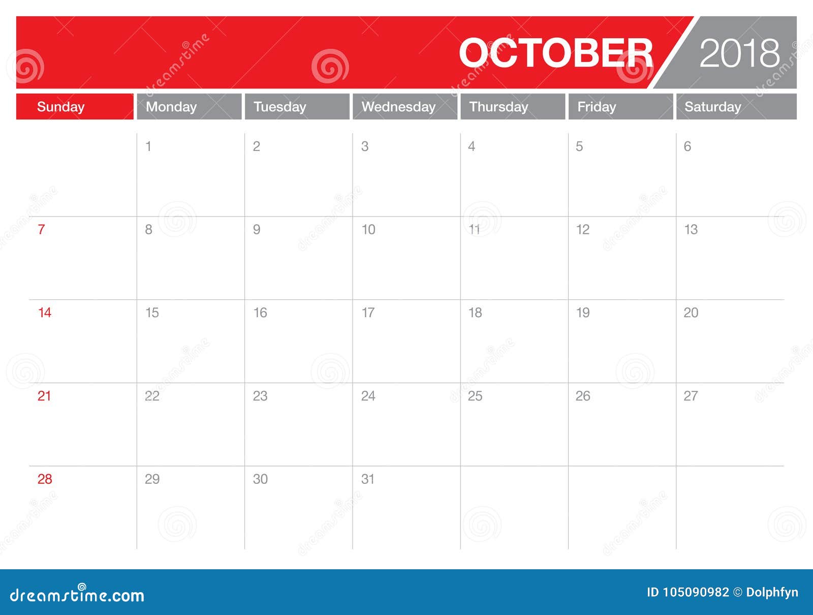 En Octubre De 2018 Ejemplo Del Vector Del Calendario Del Planificador ...