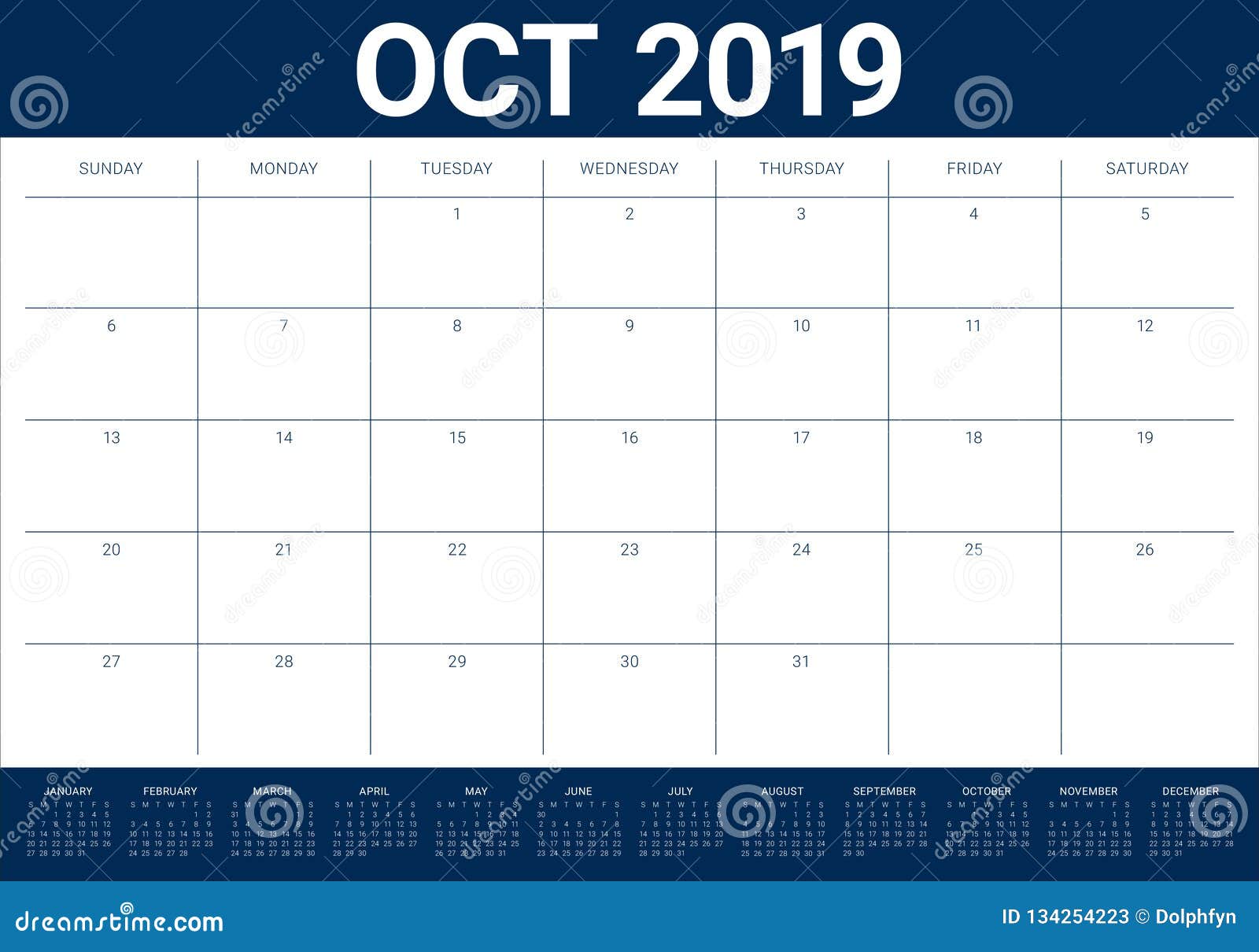 En Octubre De 2019 Ejemplo Mensual Del Vector Del Calendario ...