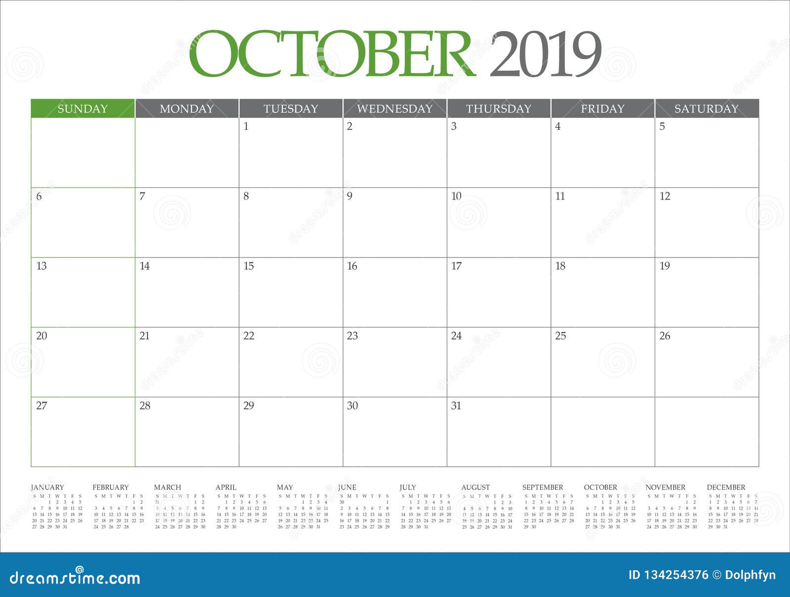 En Octubre De 2019 Ejemplo Mensual Del Vector Del Calendario ...
