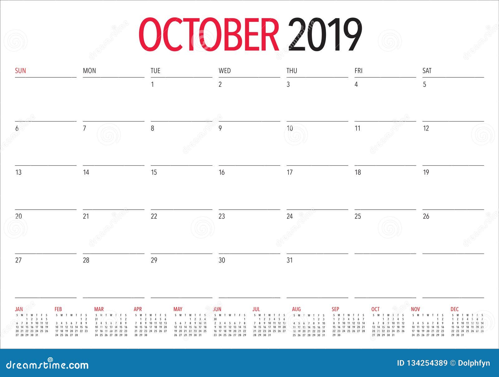 En Octubre De 2019 Ejemplo Mensual Del Vector Del Calendario ...