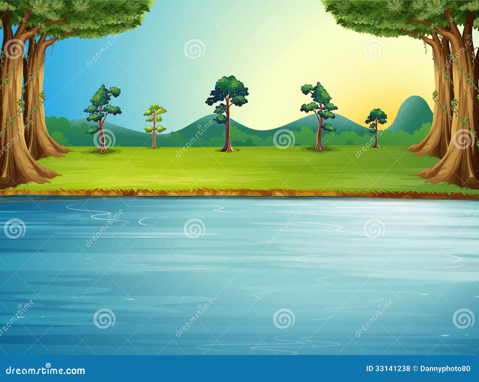 En skog med en flod vektor illustrationer. Illustration av journal ...